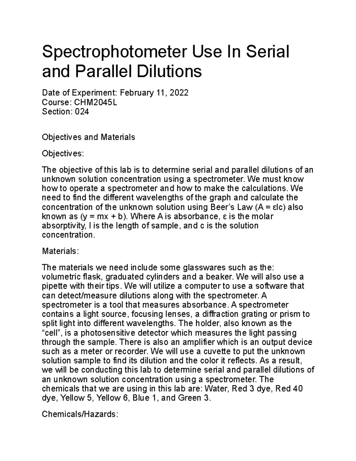 Pre lab 2 - pre lab 2 - Spectrophotometer Use In Serial and Parallel Dilutions Date of ...