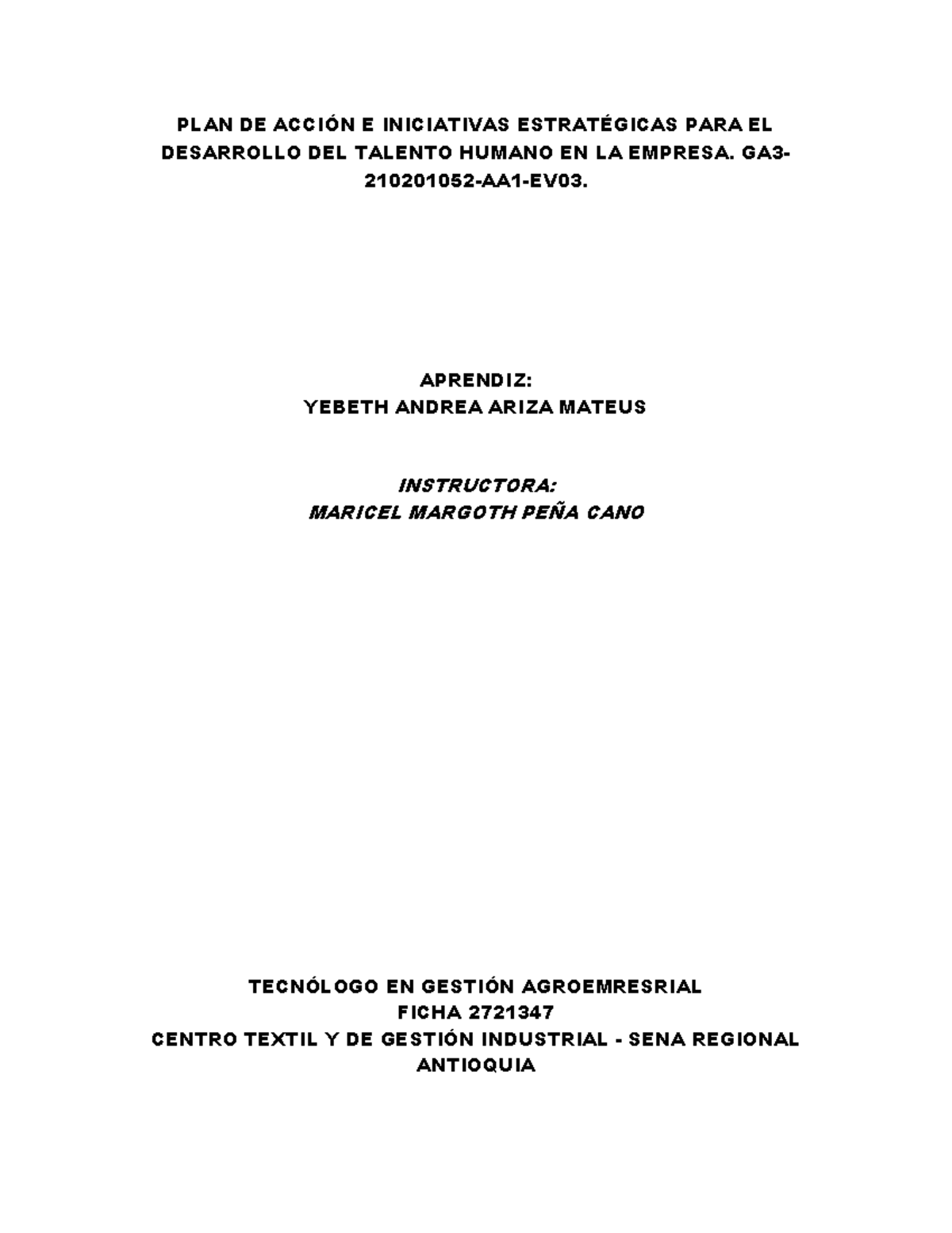 Estratégicas PARA EL Desarrollo DEL Talento Humano EN LA Empresa - PLAN DE ACCI”N E INICIATIVAS ...