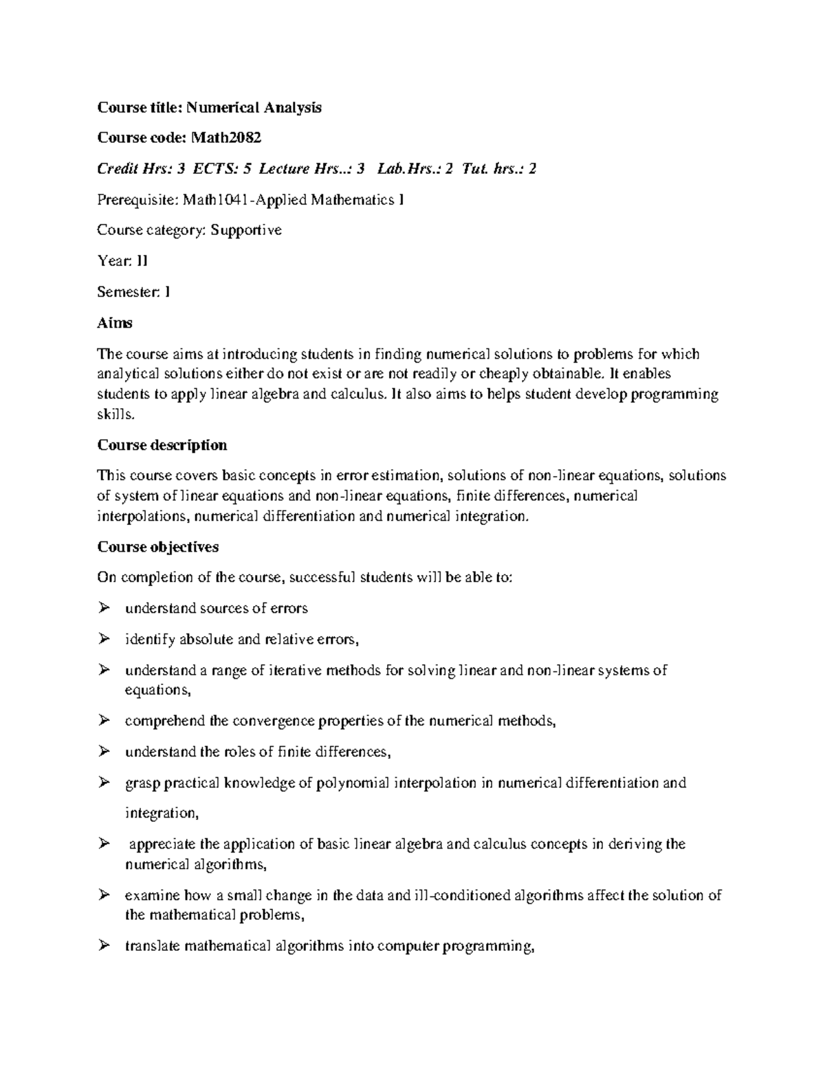 Numerical Analysis - good - Course title: Numerical Analysis Course ...