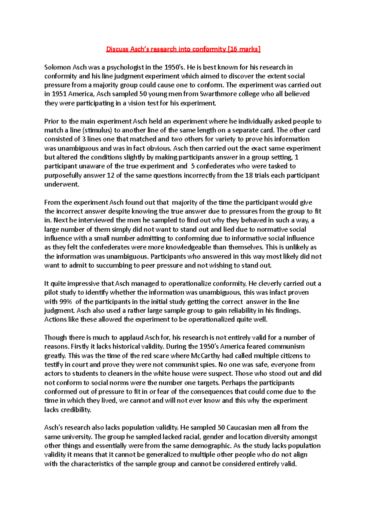 Solomon Asch was a psychologist in the 1950-2 - Discuss Asch’s research ...