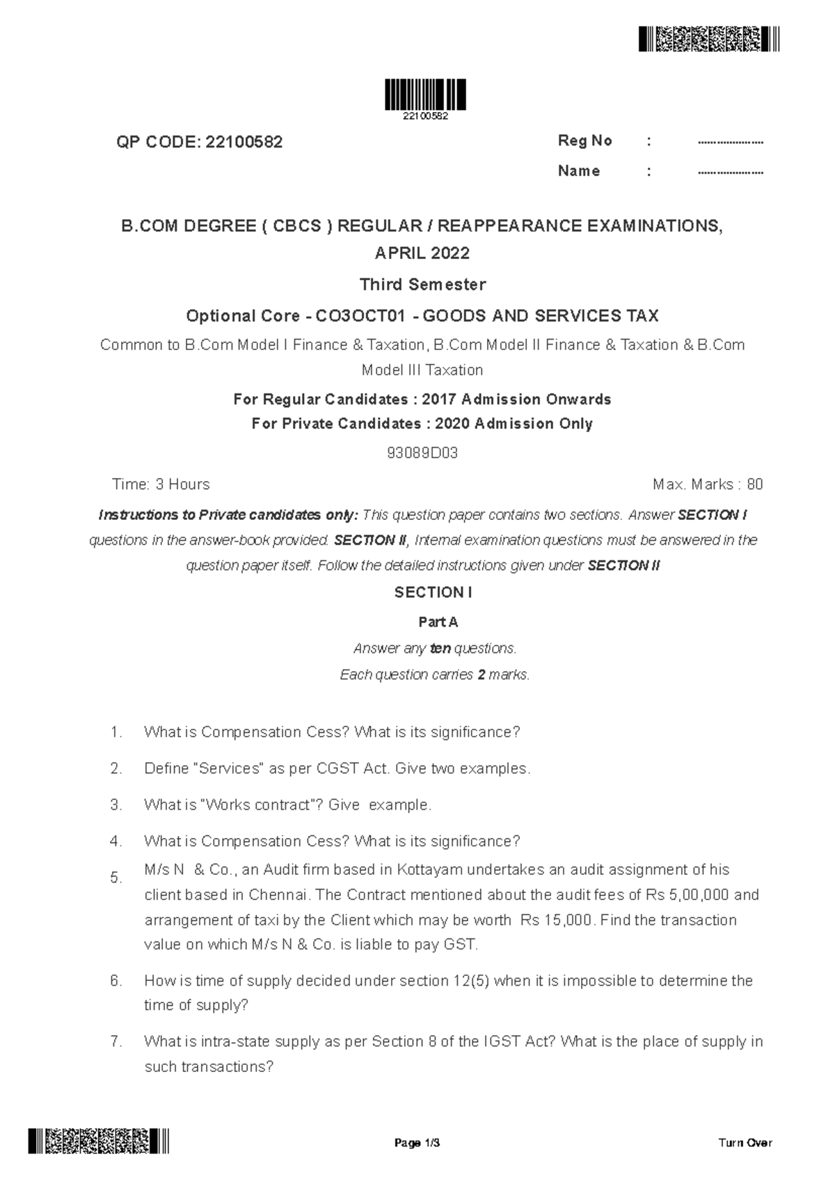 GST April 2022 - gst question paper of 2021 - QP CODE: 22100582 Reg No