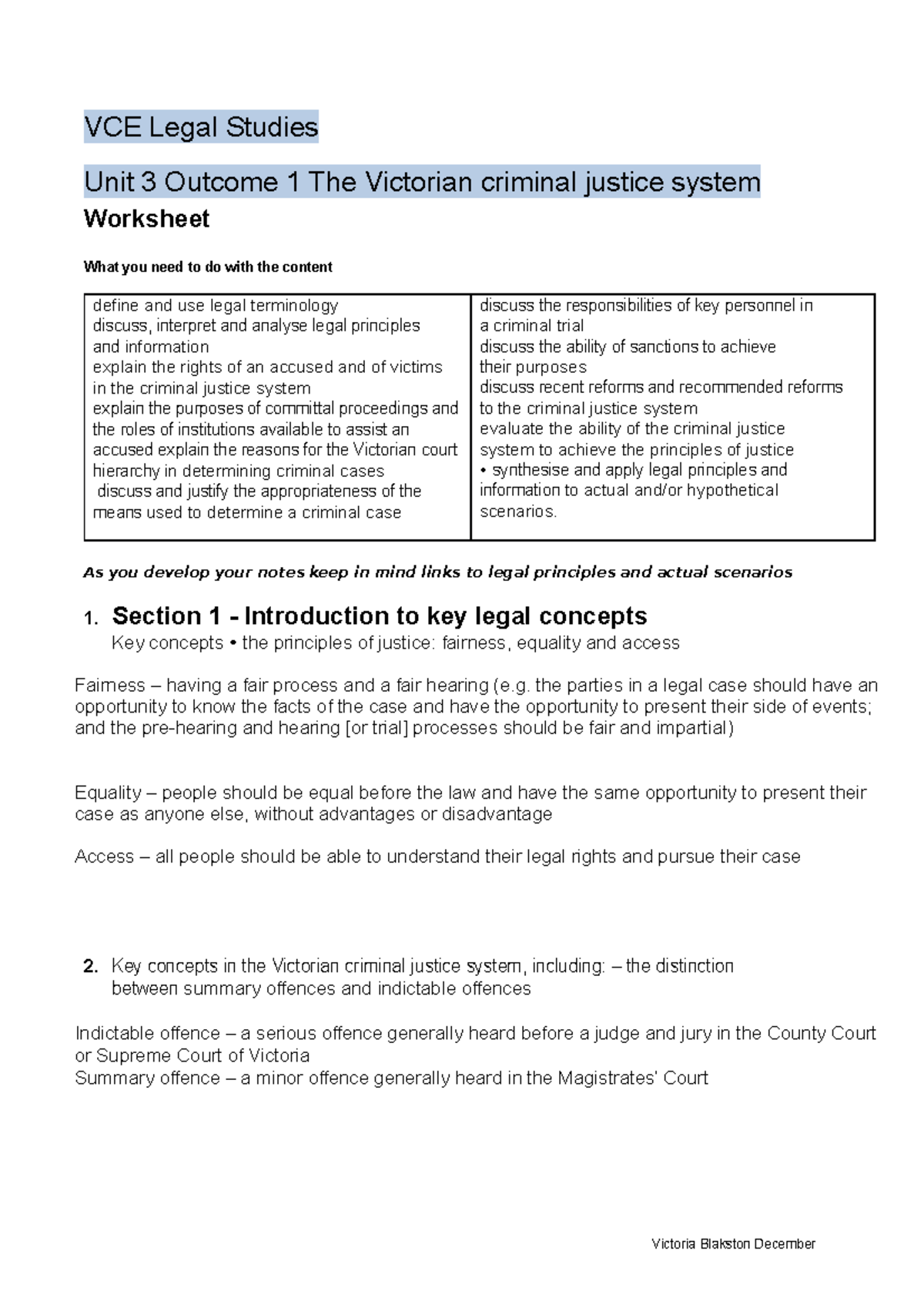Legal 3-4 Notesheets UNIT 3 Outcome 1 - Victoria Blakston December 2017 ...