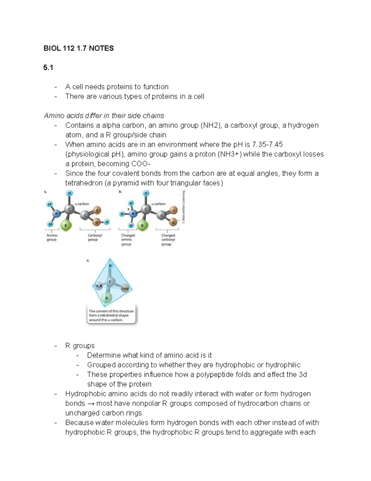BIOL 112 1 - Bio notes - BIOL 112 1 NOTES 5. A cell needs proteins to ...