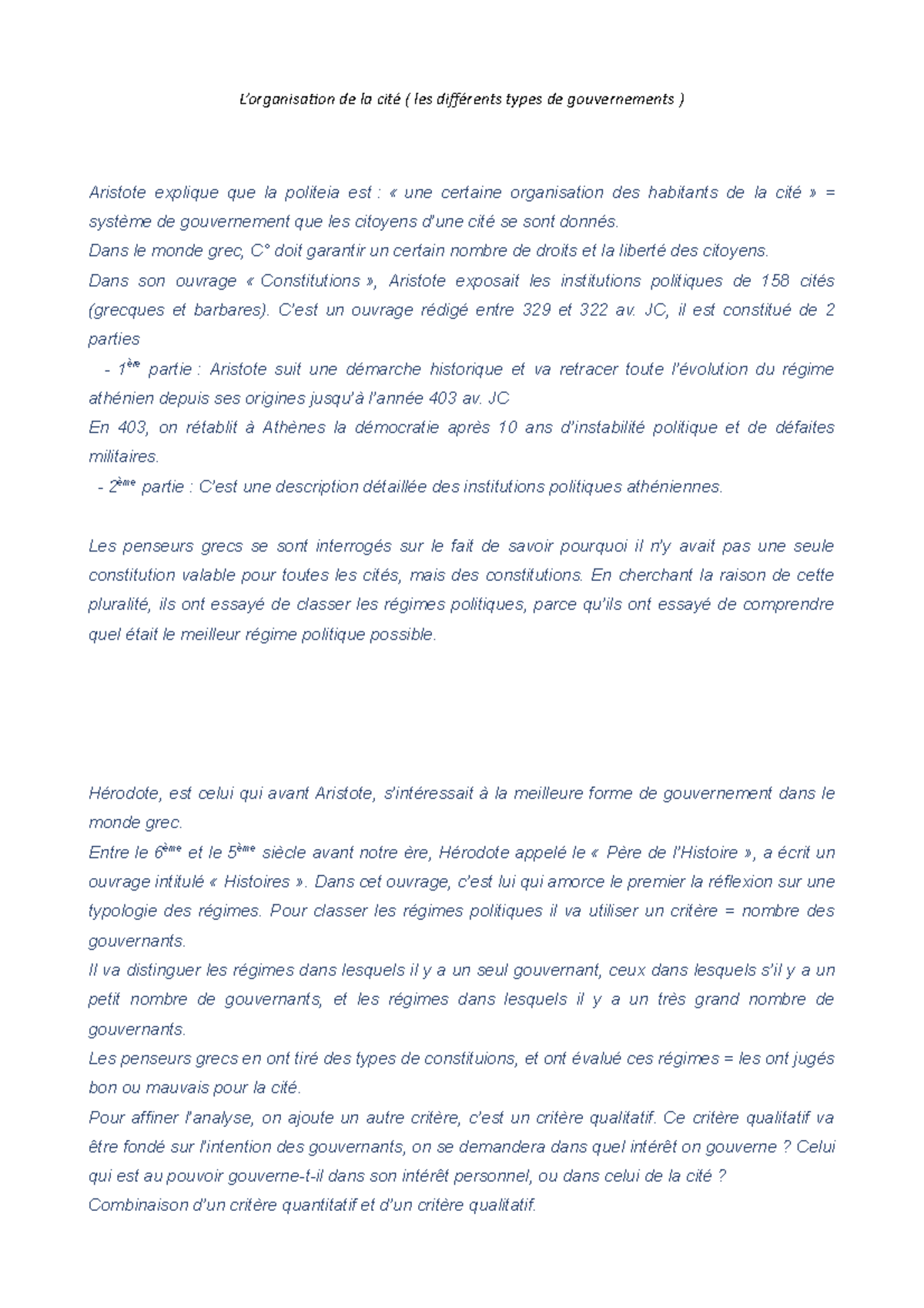 L’organisation de la cité ( les différents types de gouvernements ...