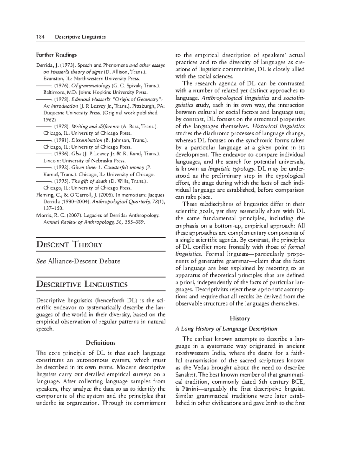 Descriptive Linguistics Theory 184 Descriptive Linguistics Further Readings Derrida J 1973