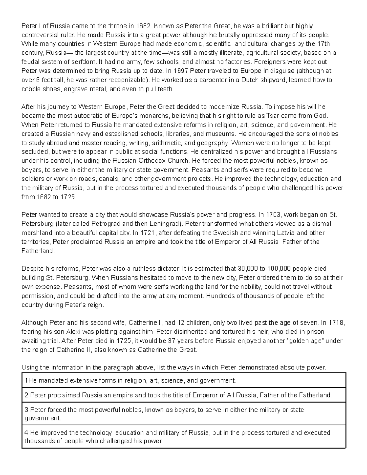 Copy of Peter the Great - answers - Peter I of Russia came to the ...