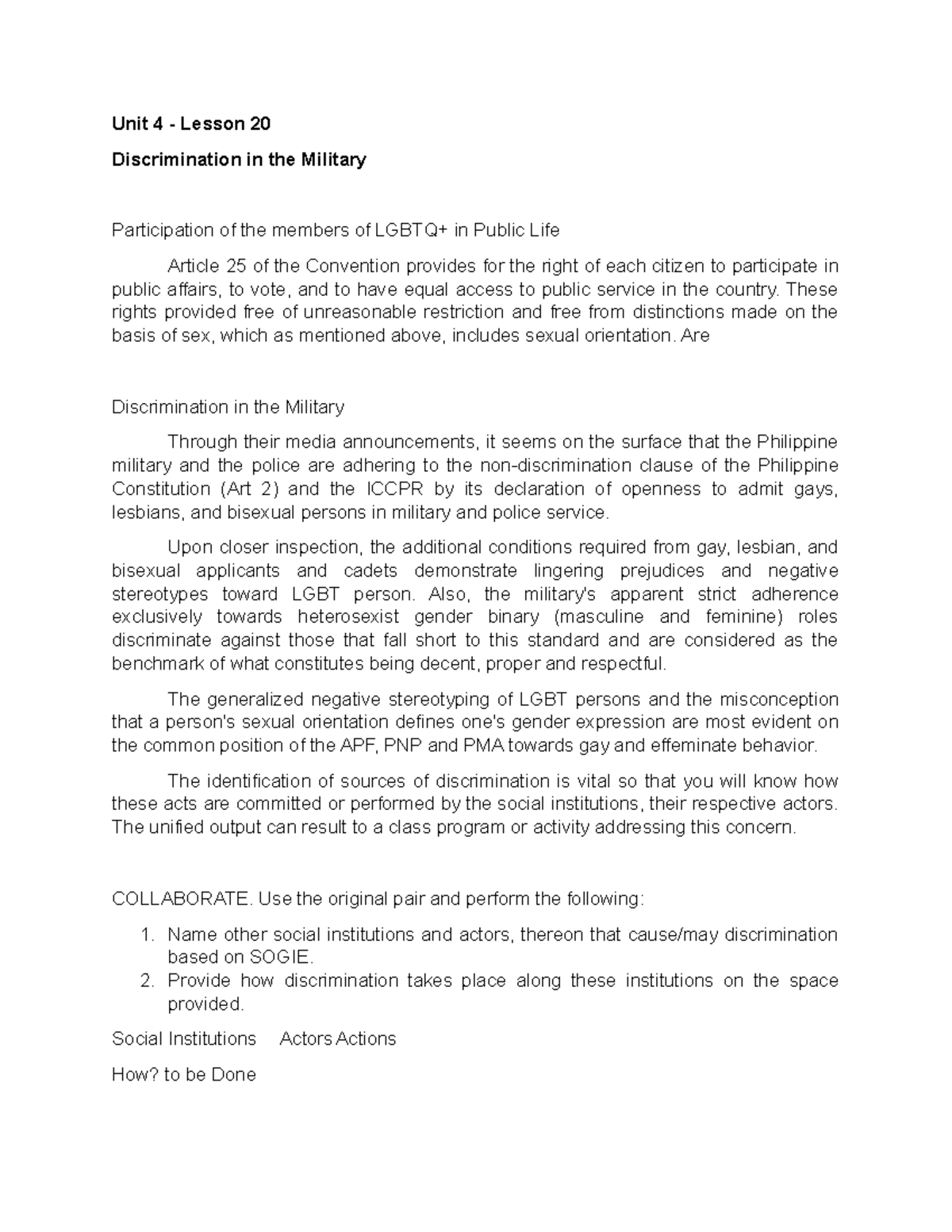 Discrimination in the Military and Effect of State Discrimination in ...