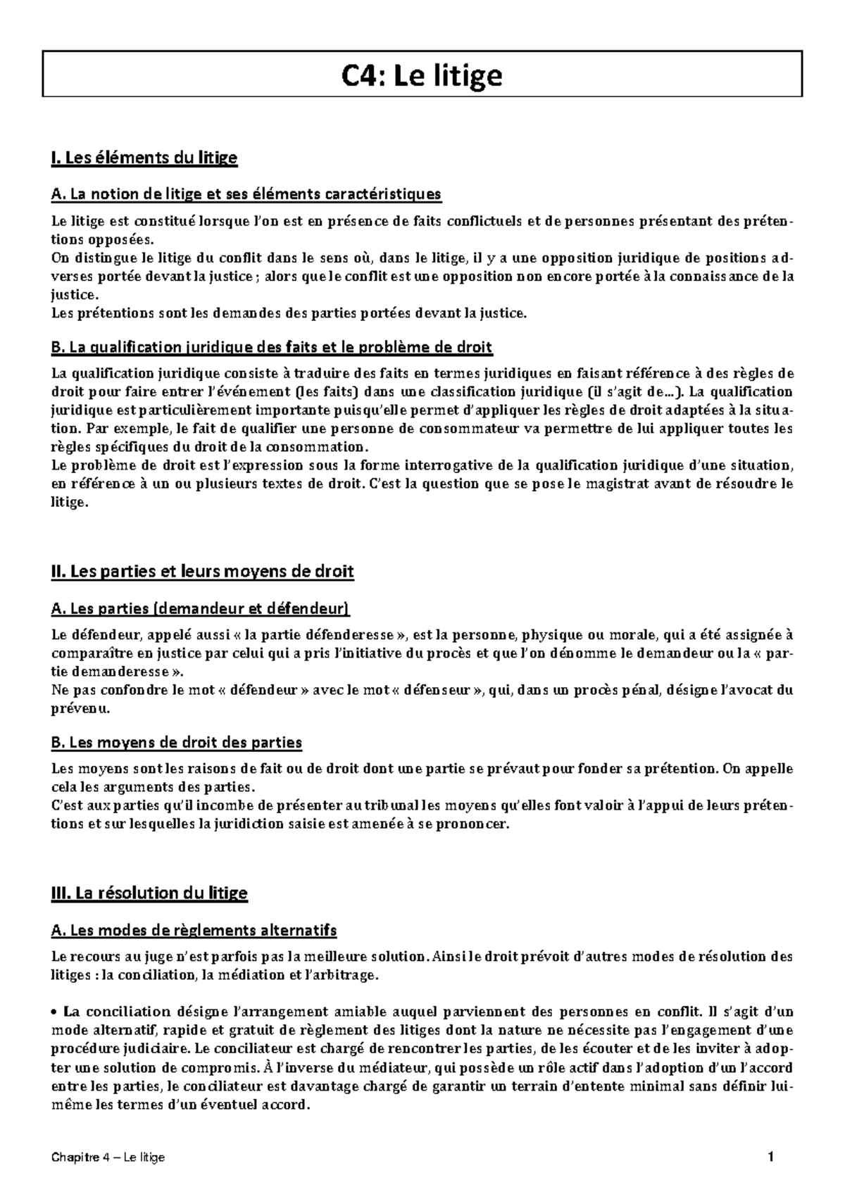 Droit C4 Le litige - Chapitre 4 – Le litige 1 C4: Le litige I. Les ...