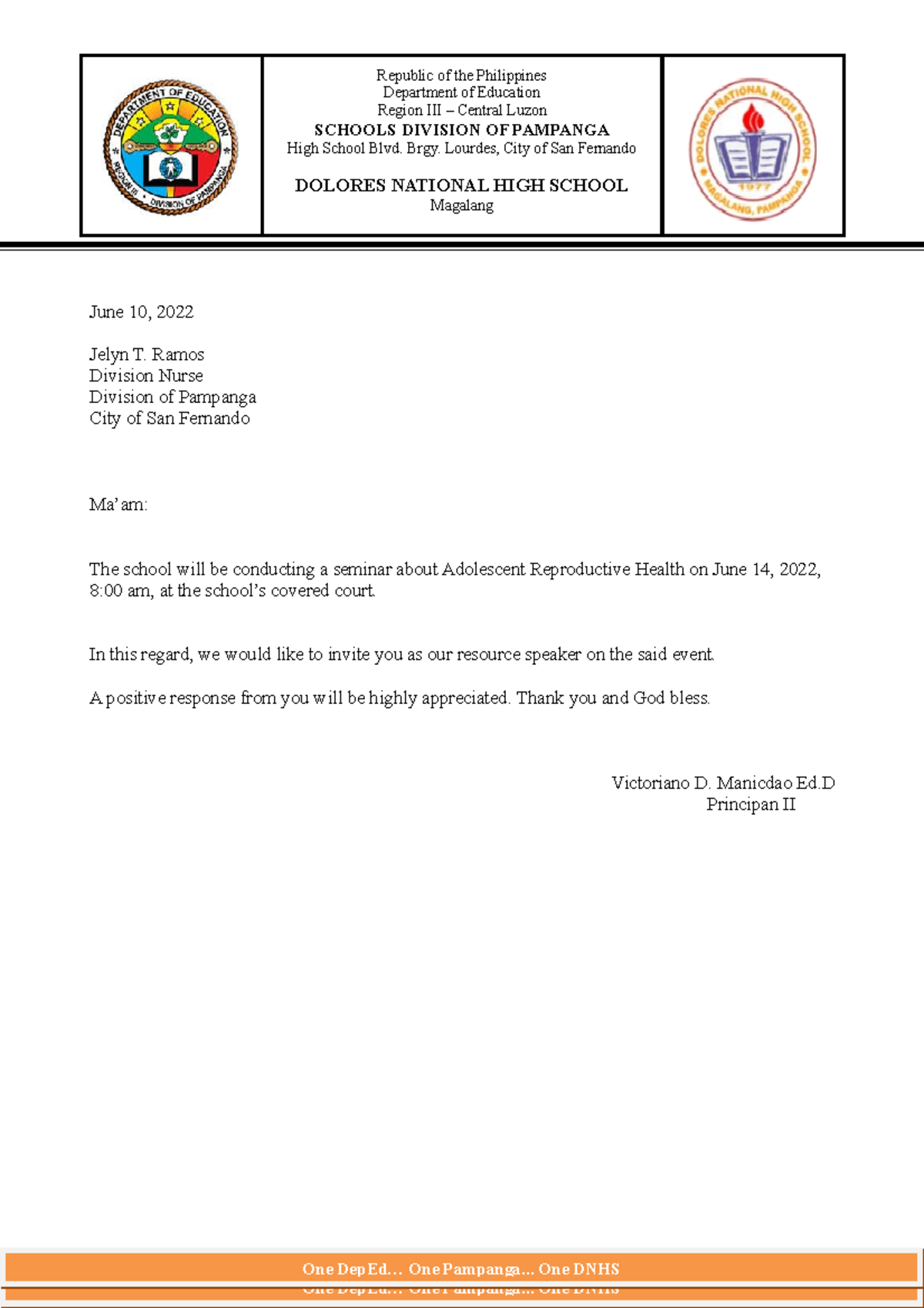 Letter Invitation - Republic of the Philippines Department of Education ...