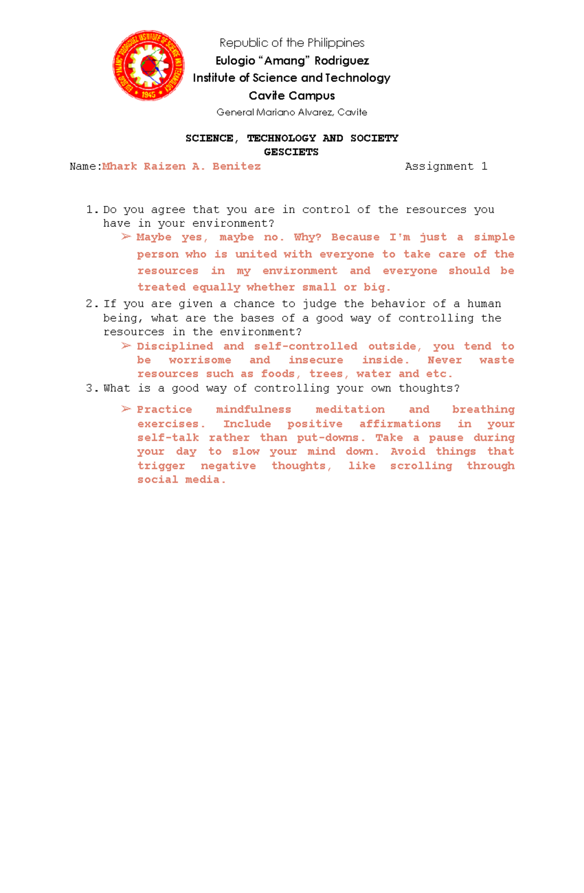 Benitez Assignment 1 - Republic of the Philippines Eulogio “Amang ... Benitez Assignment 1 - Republic of the Philippines Eulogio “Amang ...