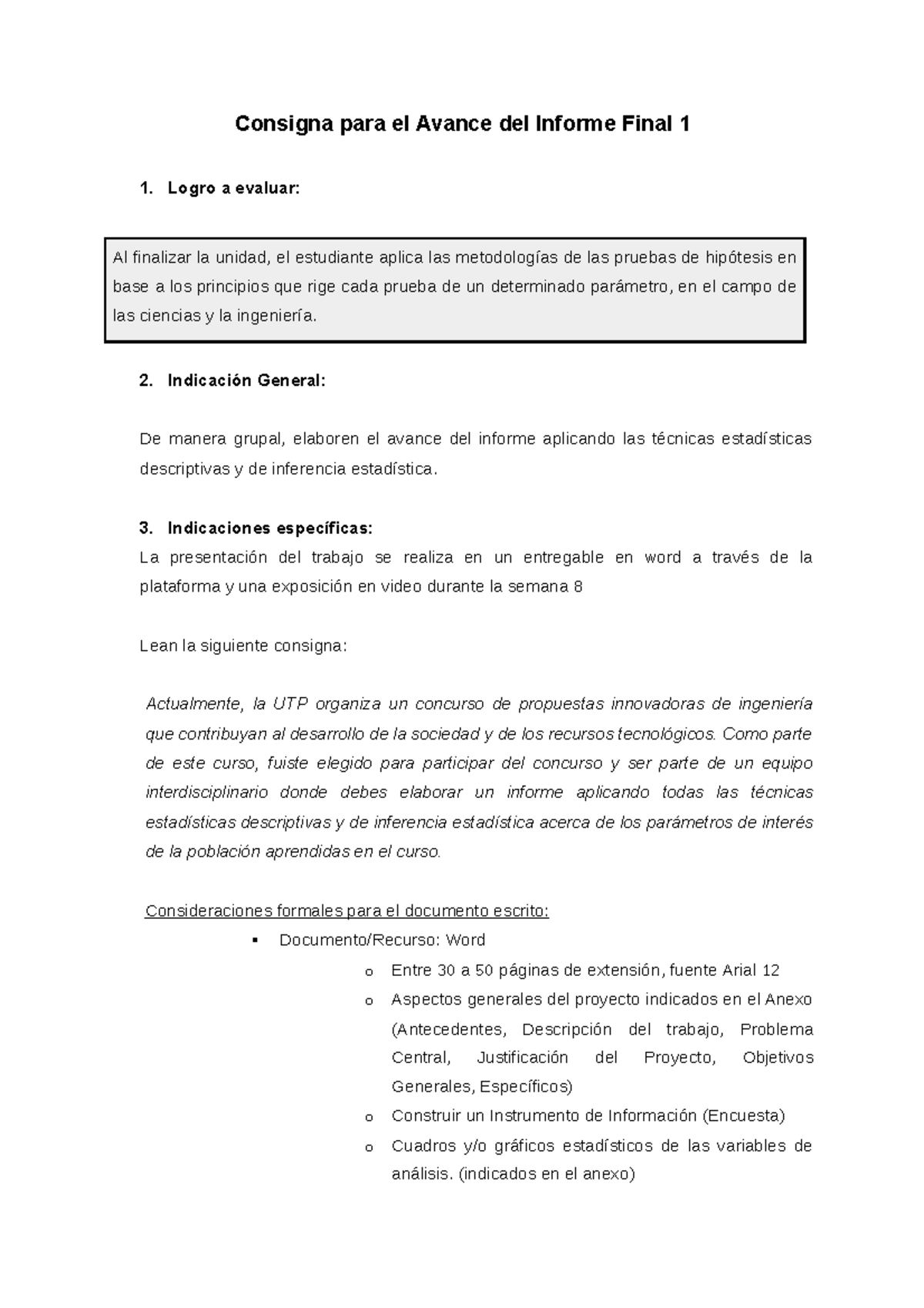 Avance Informe Final 1 Indicaciones S31V - Consigna para el Avance del Informe Final 1 Logro a ...