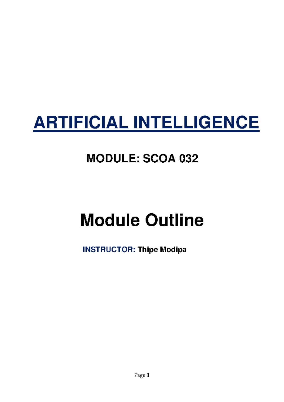SCOA032 Module Outline 2023 - ARTIFICIAL INTELLIGENCE MODULE: SCOA 032 ...