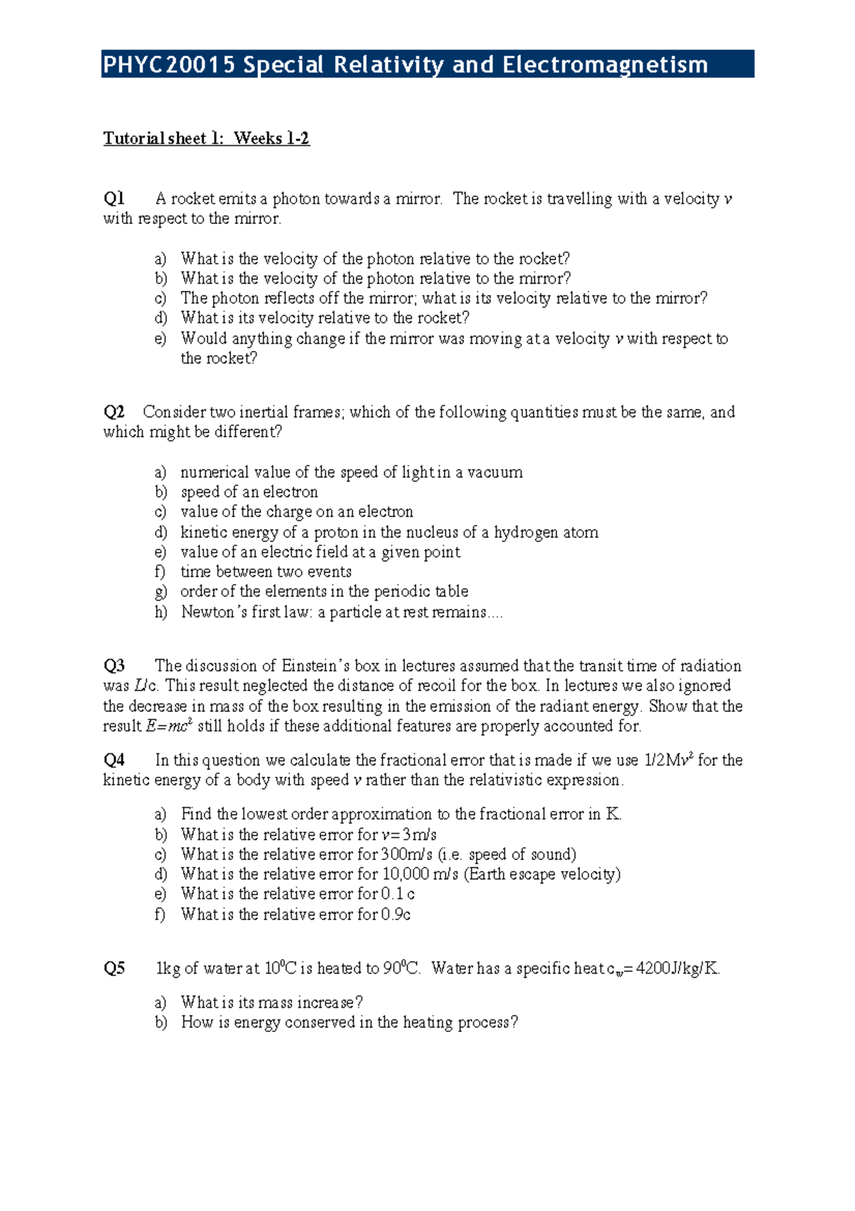 Practice Questions: Special Relativity Tutorial #1, Semester 2, 2021 ...