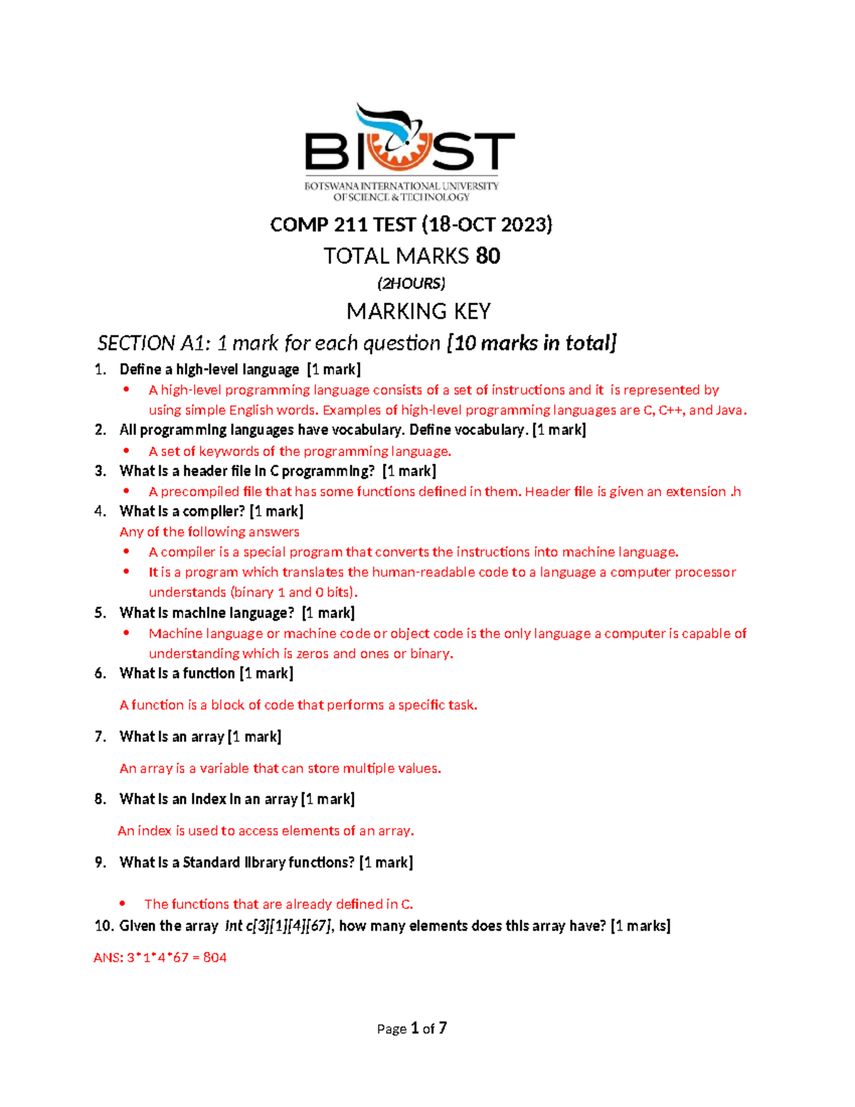 COMP211 TEST1 Oct 2023 - Marking Key - COMP 211 TEST (18-OCT 2023 ...