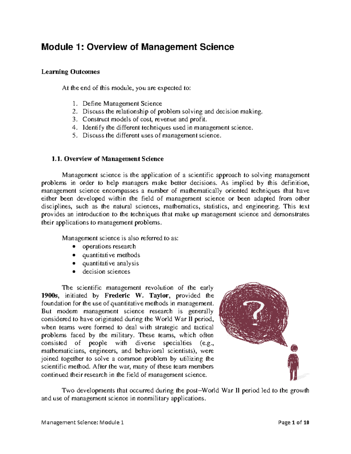 Management science Module 1 overview of management science - Module 1 ...