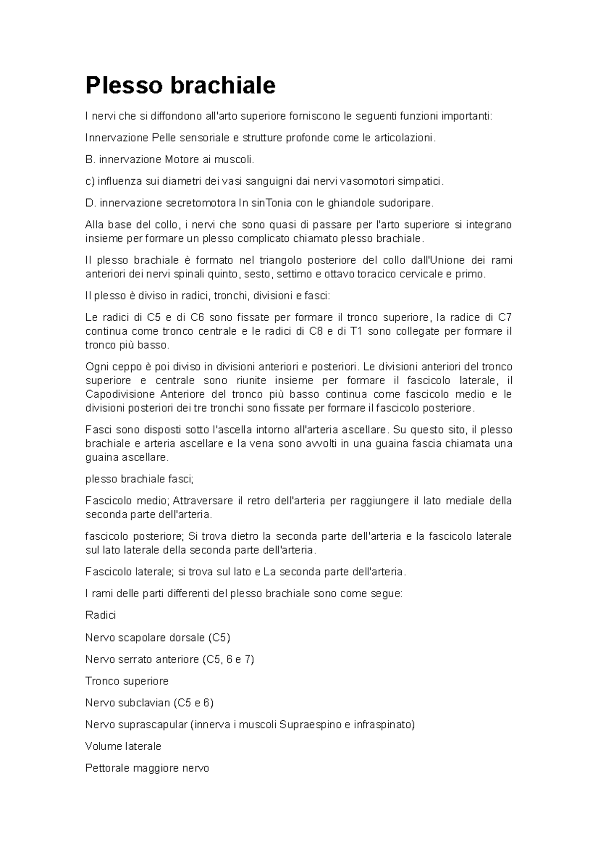 Plesso brachiale - Appunti 1 - Plesso brachiale I nervi che si ...