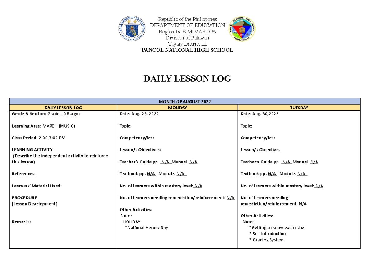 MY Daily Lesson LOG - make it simple - Republic of the Philippines ...