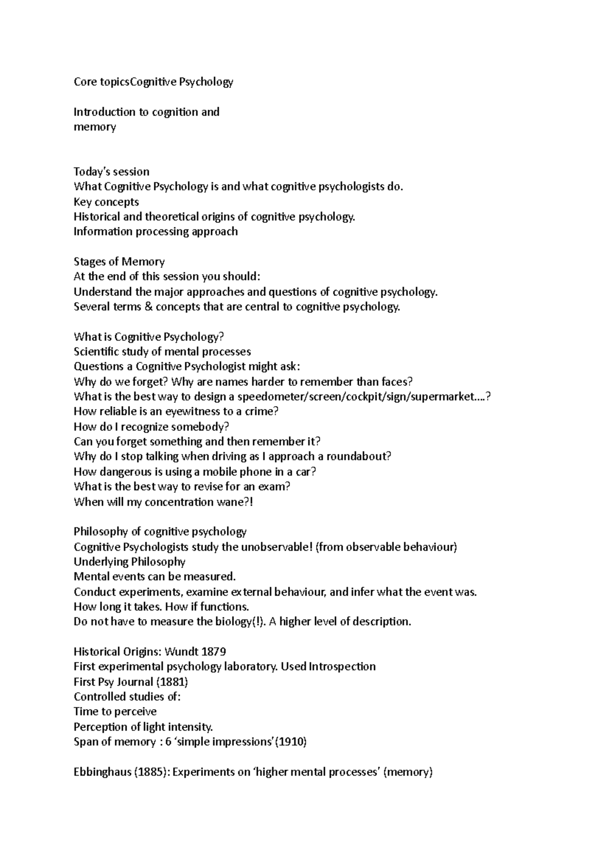 Core topics - Lecture notes 1 - Core topicsCognitive Psychology ...