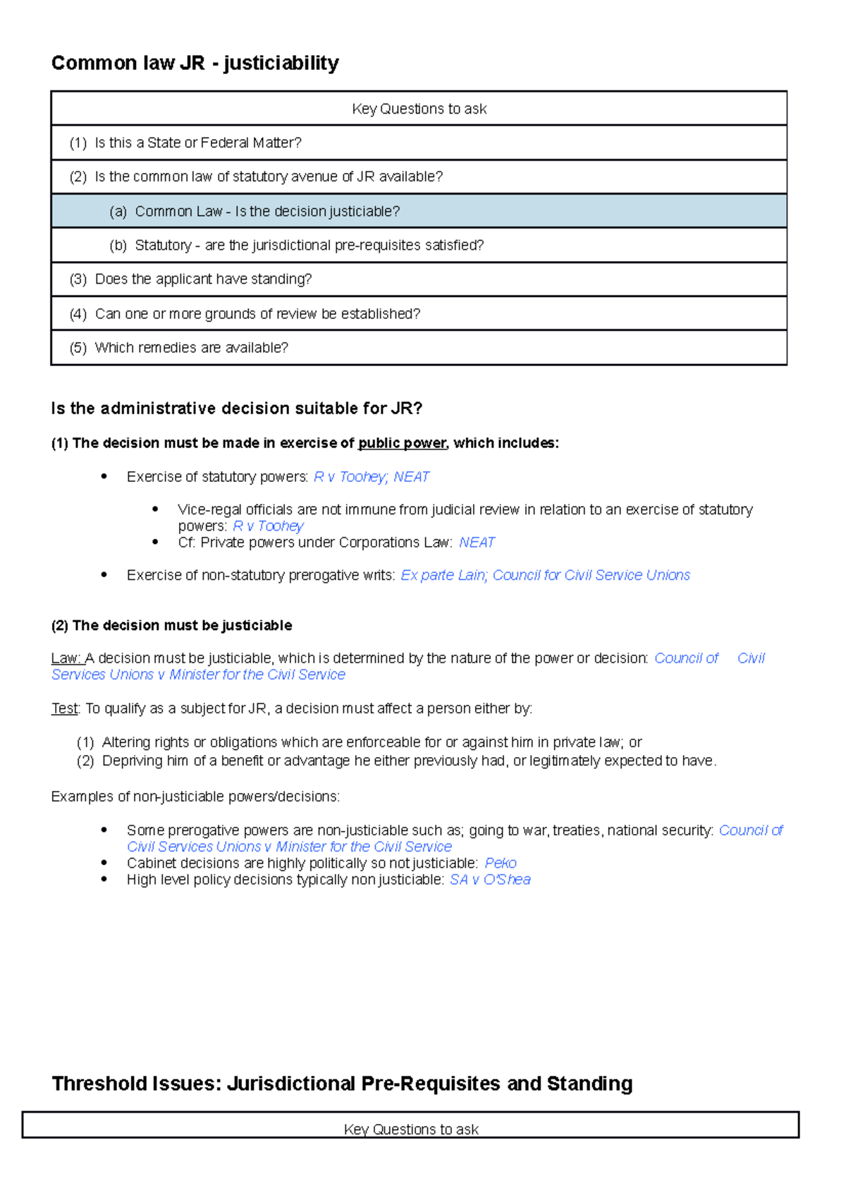 Jurisdictional PRE Requisites, Justicability AND Standing - Common law ...