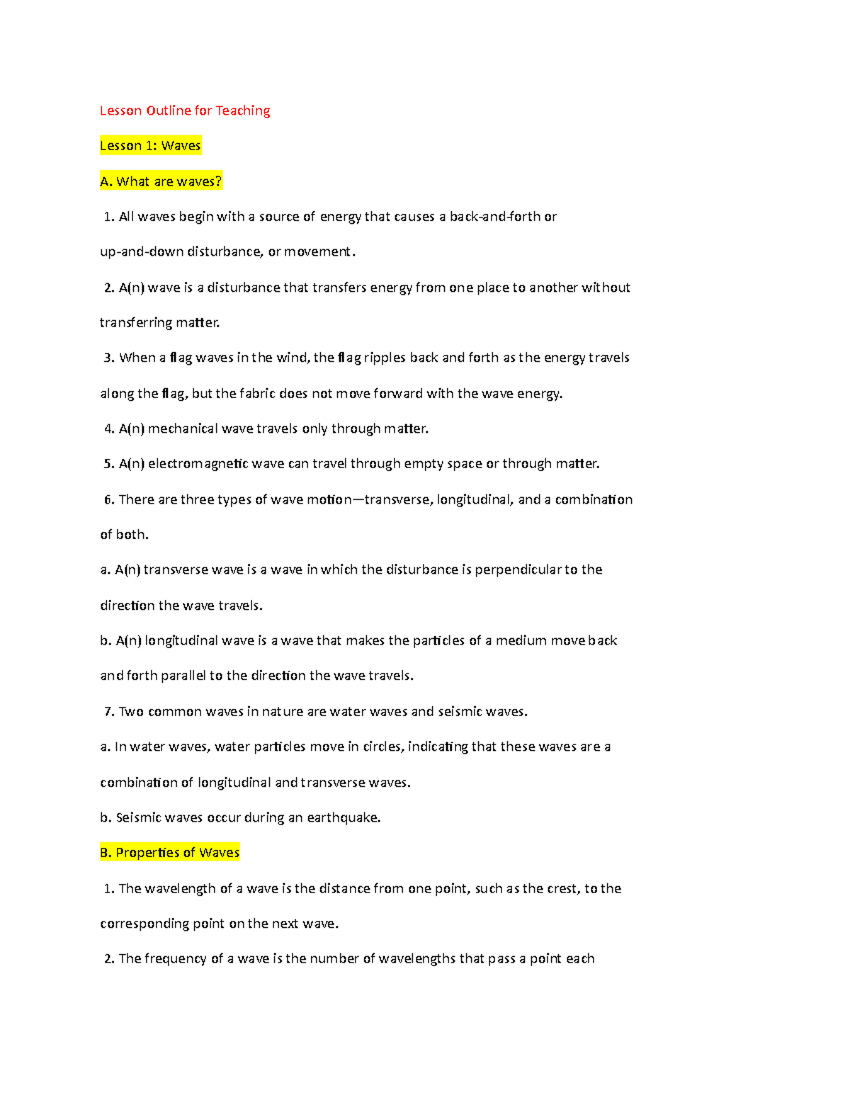 Go - mathematics - Lesson Outline for Teaching Lesson 1: Waves A. What ...