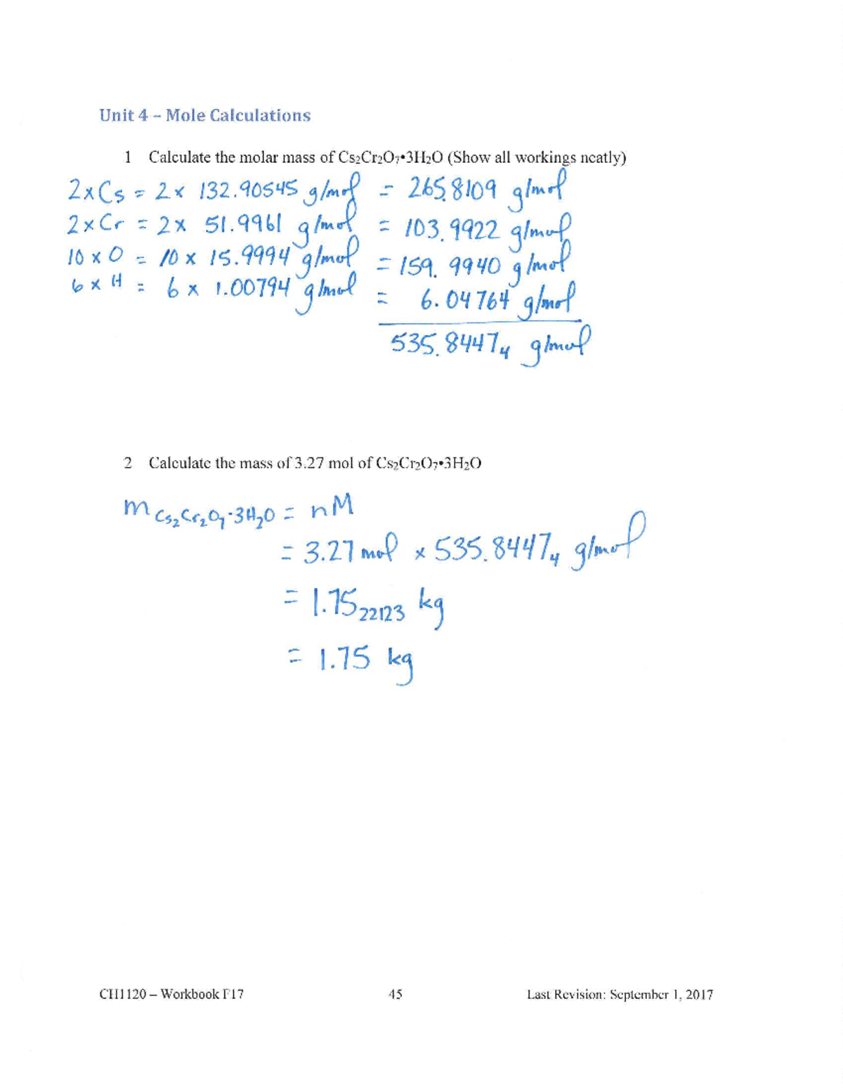 Workbook - Unit 4 - Mole Calculations Answer Key - CH1120 - Studocu