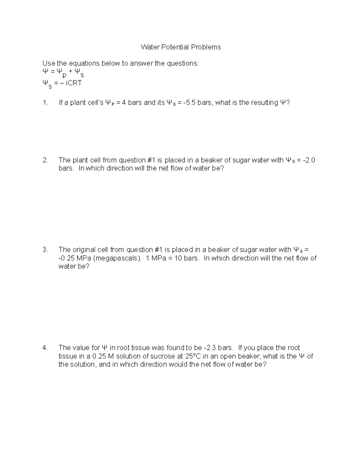 Water Potential Calculations - Water Potential Problems Use the ...