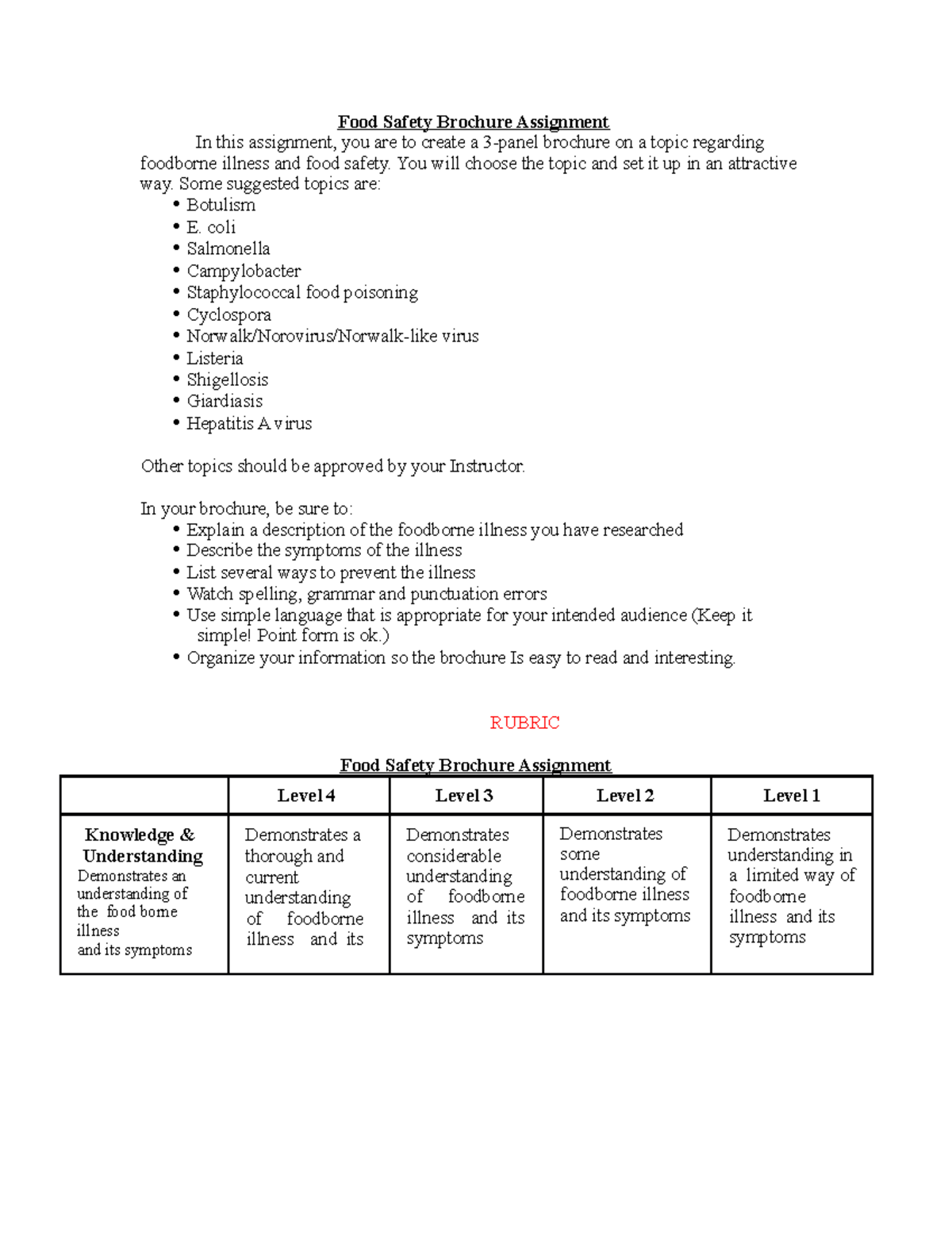 Food safety brochure assignment - Food Safety Brochure Assignment In ...