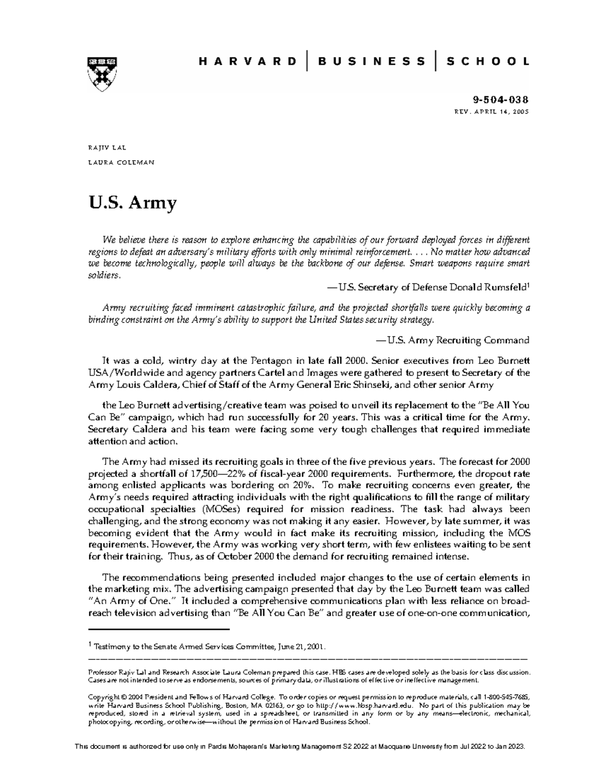 US Army - outline summary of harvard review US army marketing - 9 - 5 0 ...