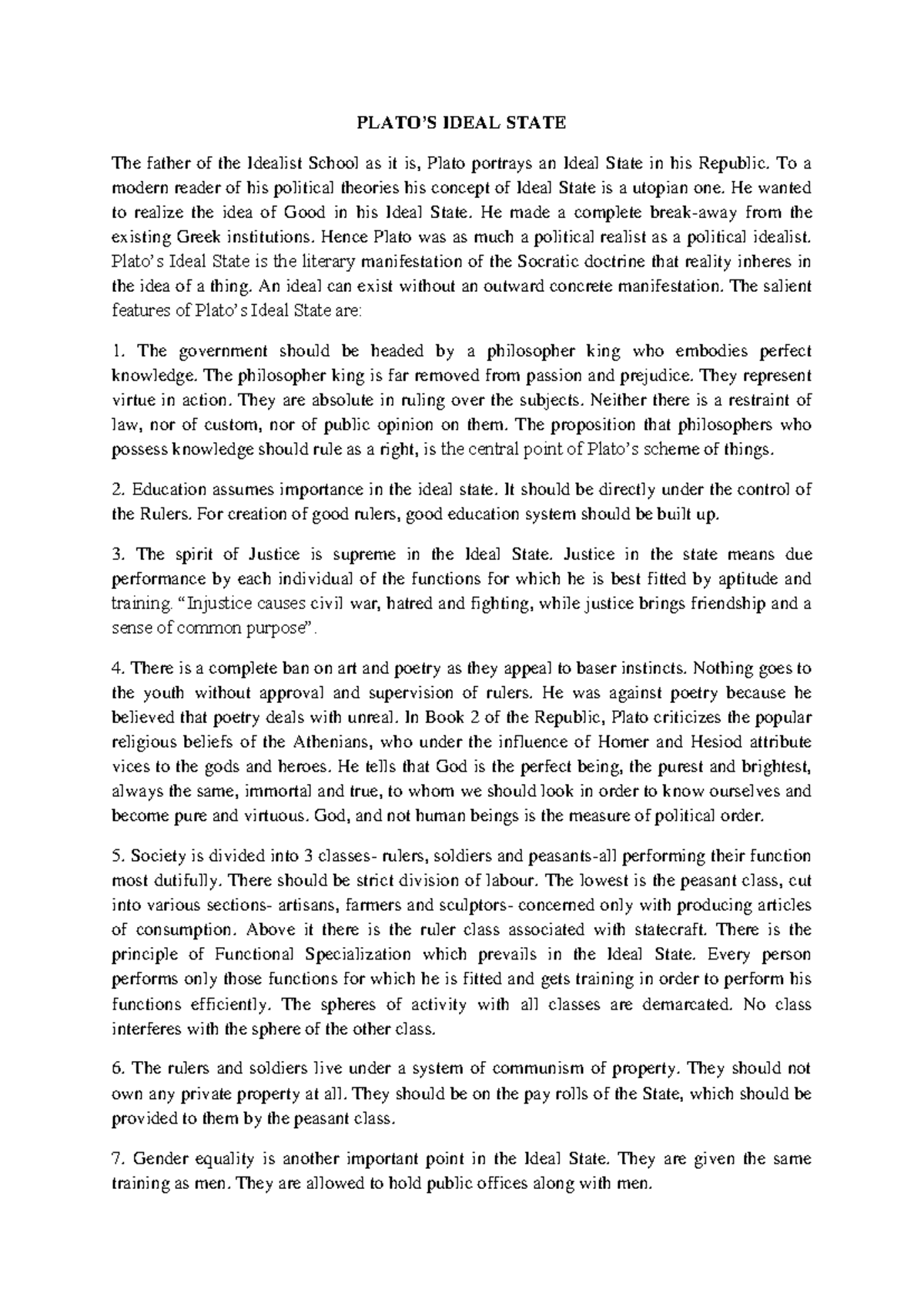 Plato'S Ideal State - Good - PLATO’S IDEAL STATE The father of the ...