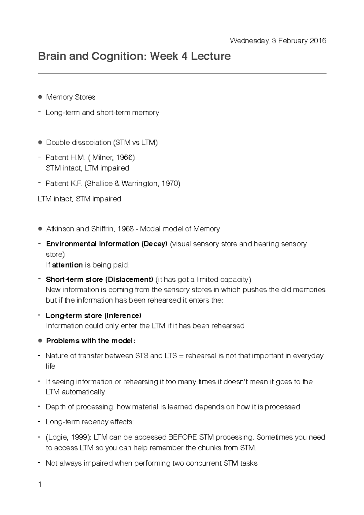 Brain And Cognition Lecture Week 4 Brain And Cognition Week 4 Lecture Memory Stores Long