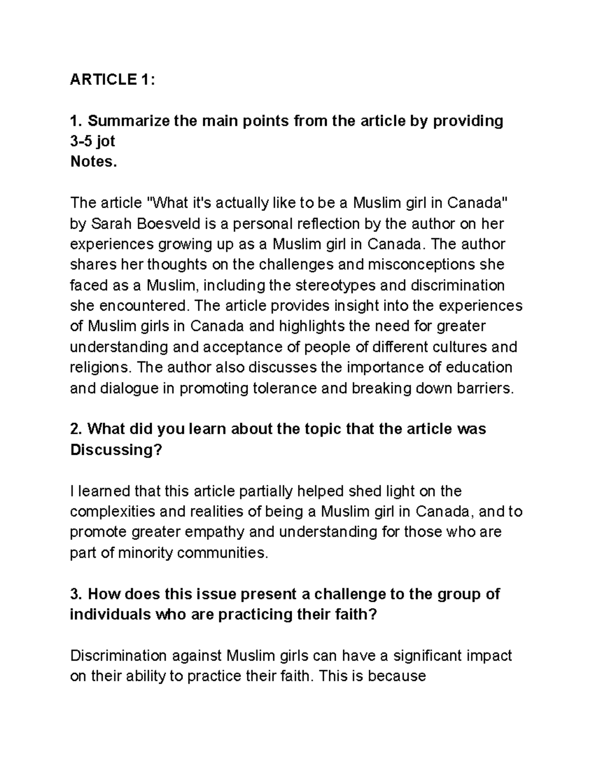 Questions - ahh - ARTICLE 1: Summarize the main points from the article ...