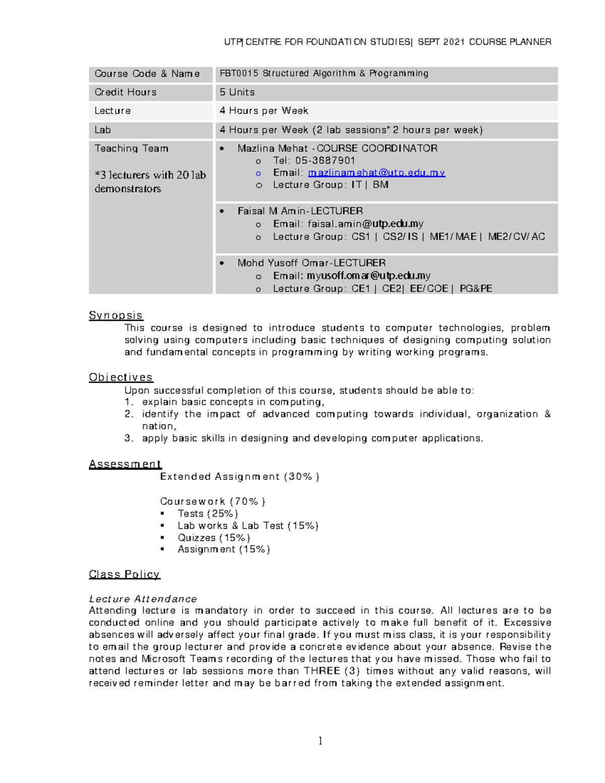 Course outline SAP Sept2021 in Ulearn - UTP|CENTRE FOR FOUNDATION STUDIES| SEPT 2021 COURSE ...