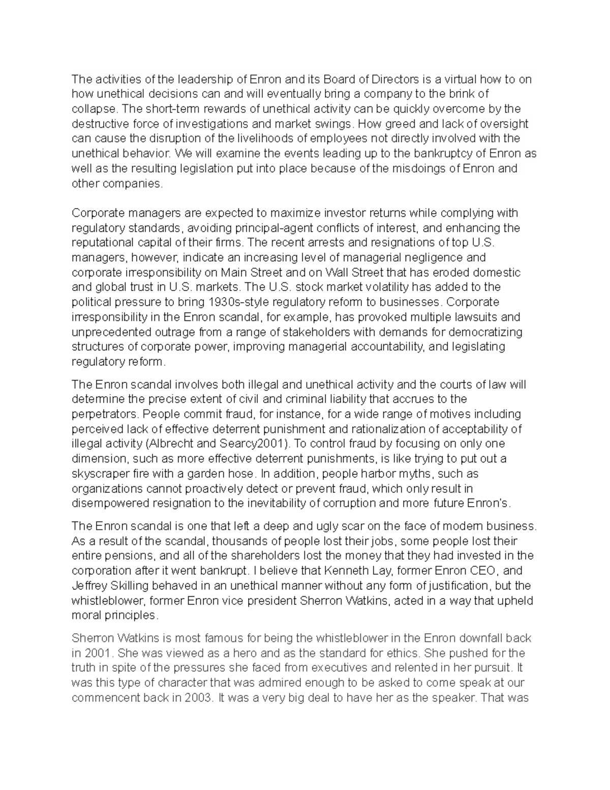 Enron Ethics Issue - The activities of the leadership of Enron and its ...