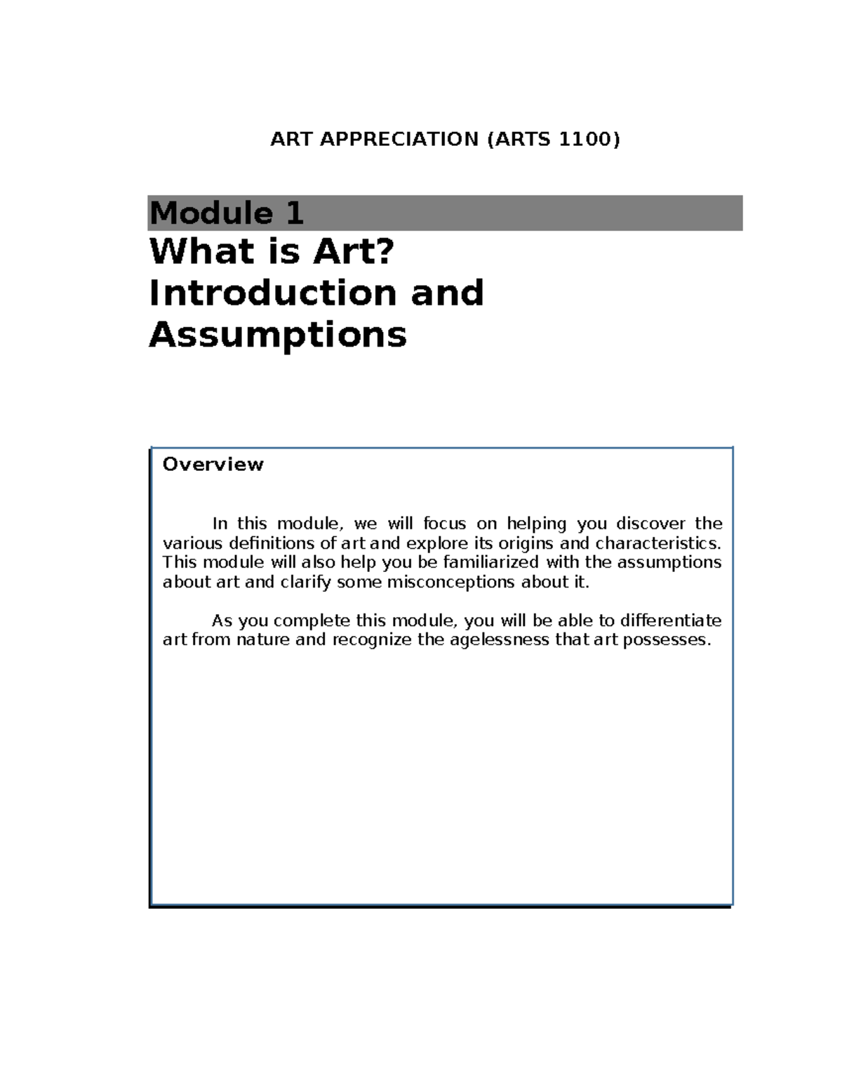 ARTS-1100 -Module-1-What-is-Art-Introduction-and-Assumptions - ART ...