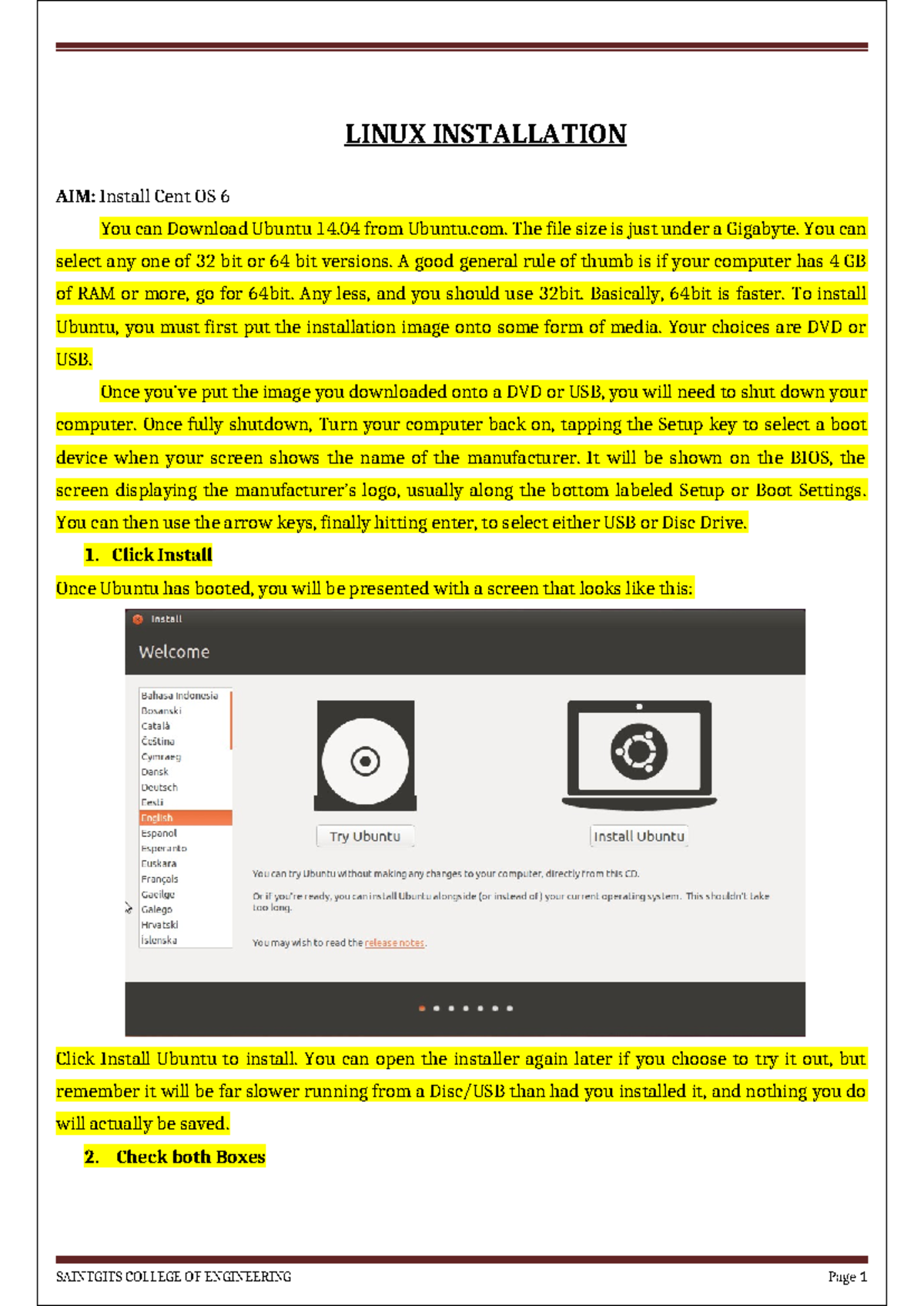 Linux lab FAIR Record Contents - LINUX INSTALLATION AIM: Install Cent OS 6 You can Download ...