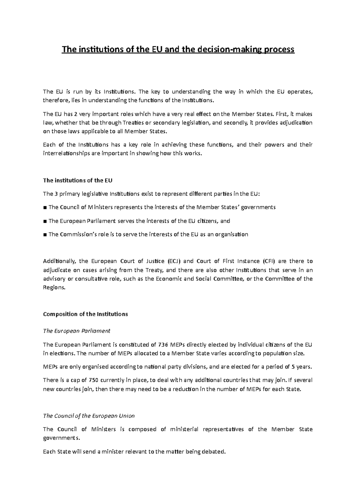 The institutions of the EU and the decision-making process - The key to ...