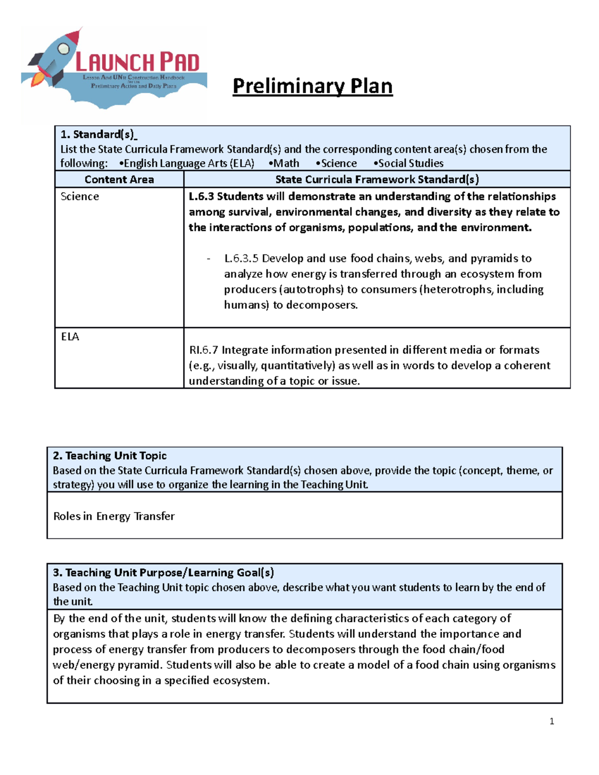 Student Teaching Unit Plan - Preliminary Plan 2. Teaching Unit Topic ...