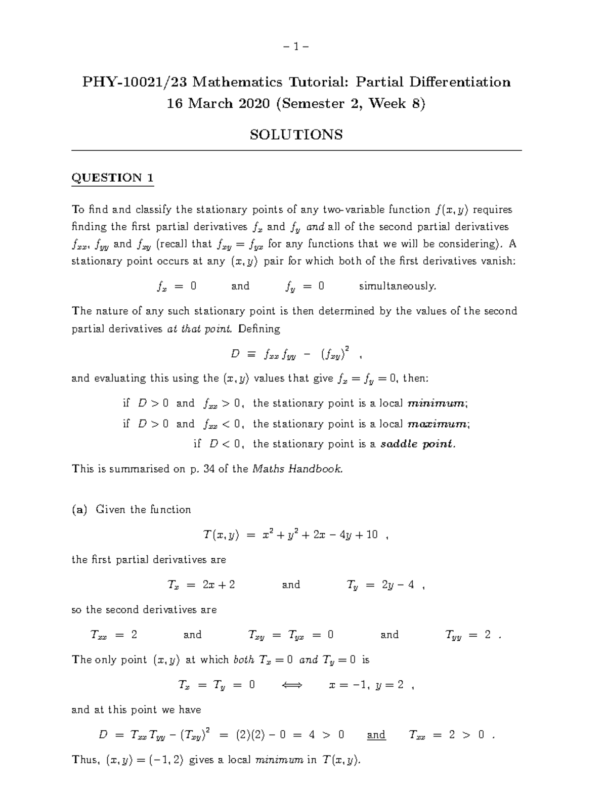 Semester 2 Tutorial 8 2020 Solutions - PHY-10021/23 Mathematics ...