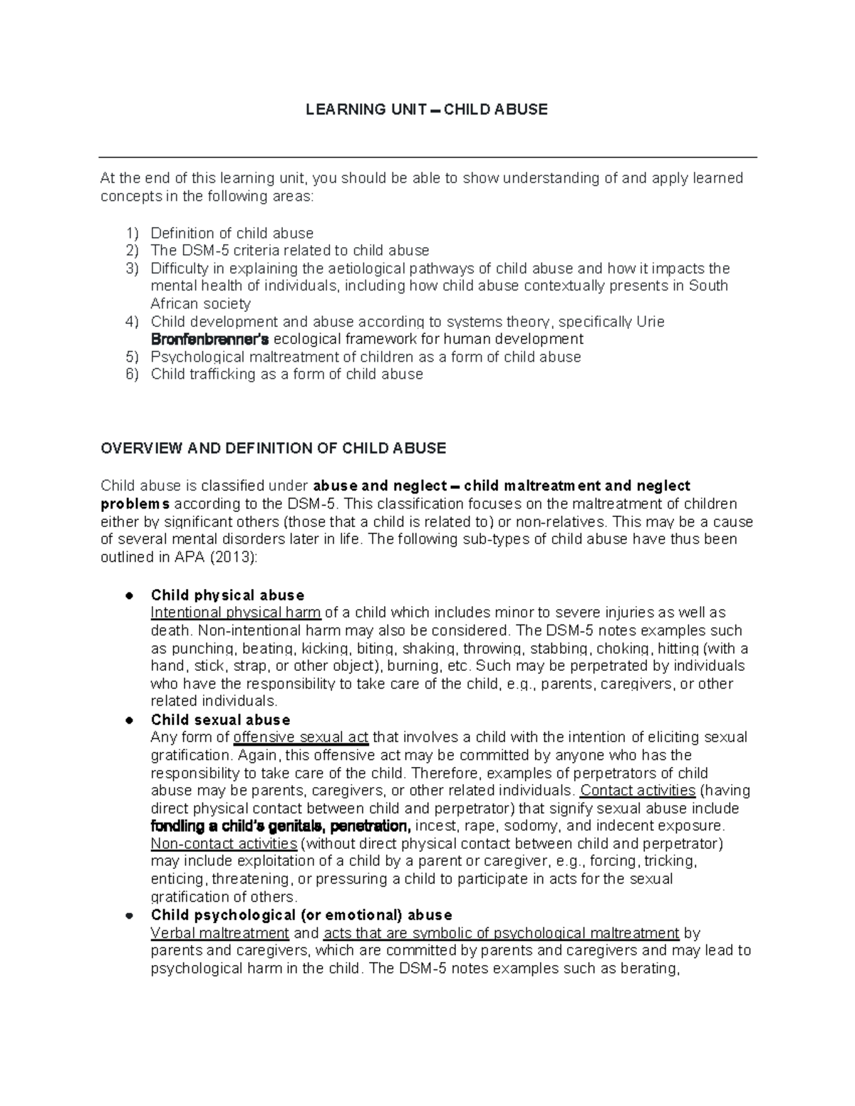 Child abuse notes - LEARNING UNIT CHILD ABUSE At the end of this ...
