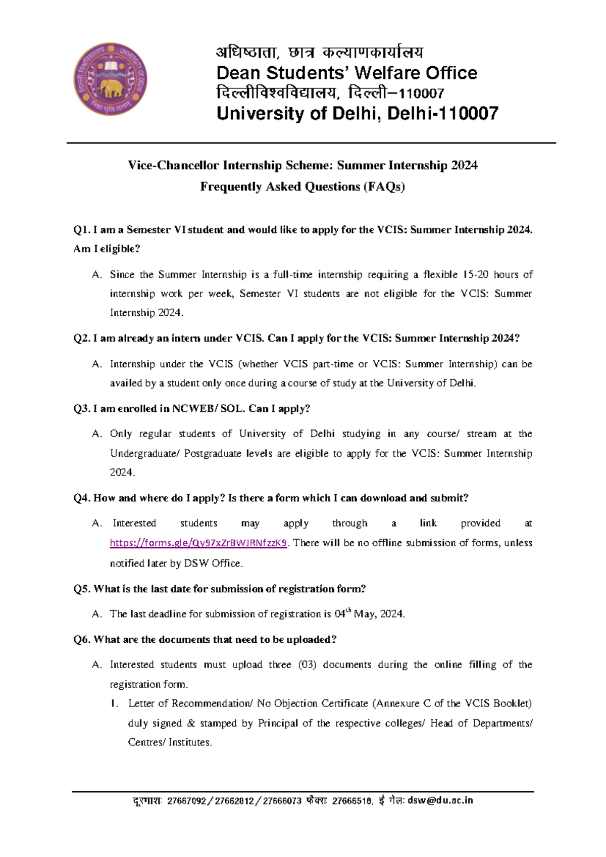 VCIS-FAQs - Dean Students’ Welfare Office University of Delhi, Delhi ...