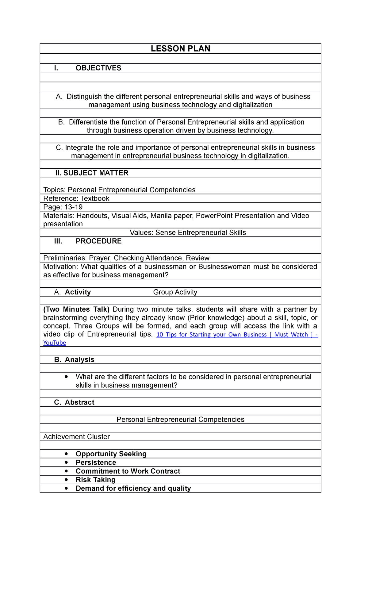 Lesson Plan with Technology Integration - LESSON PLAN I. OBJECTIVES A ...