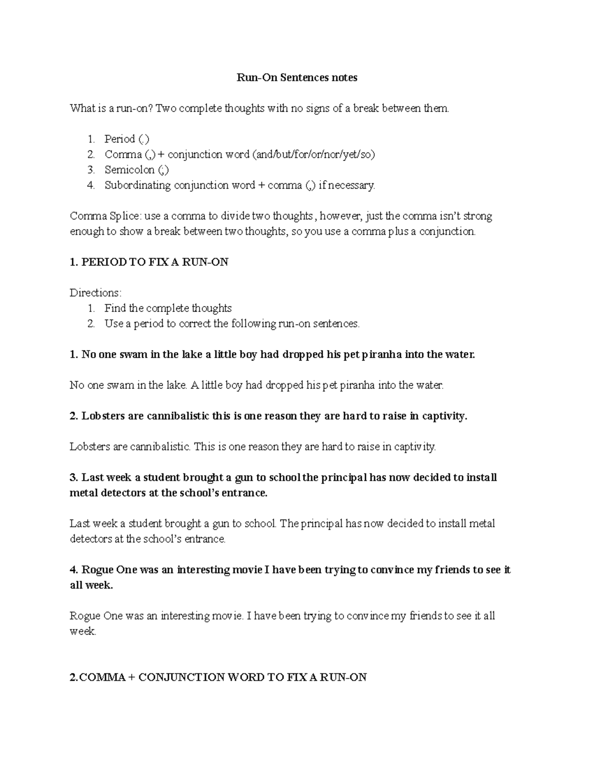 English 100 - Run-On Sentences Notes - Run-On Sentences notes What is a ...