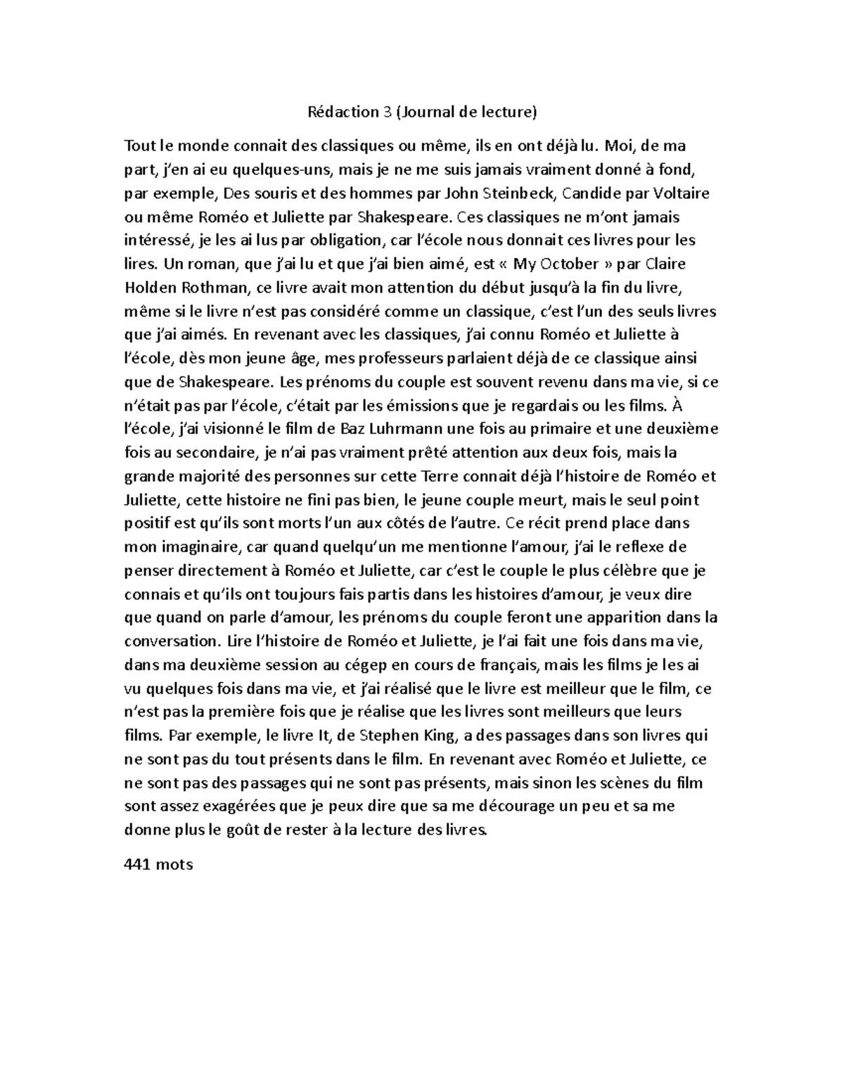 Rédaction 3 journal - devoir - Rédaction 3 (Journal de lecture) Tout le ...