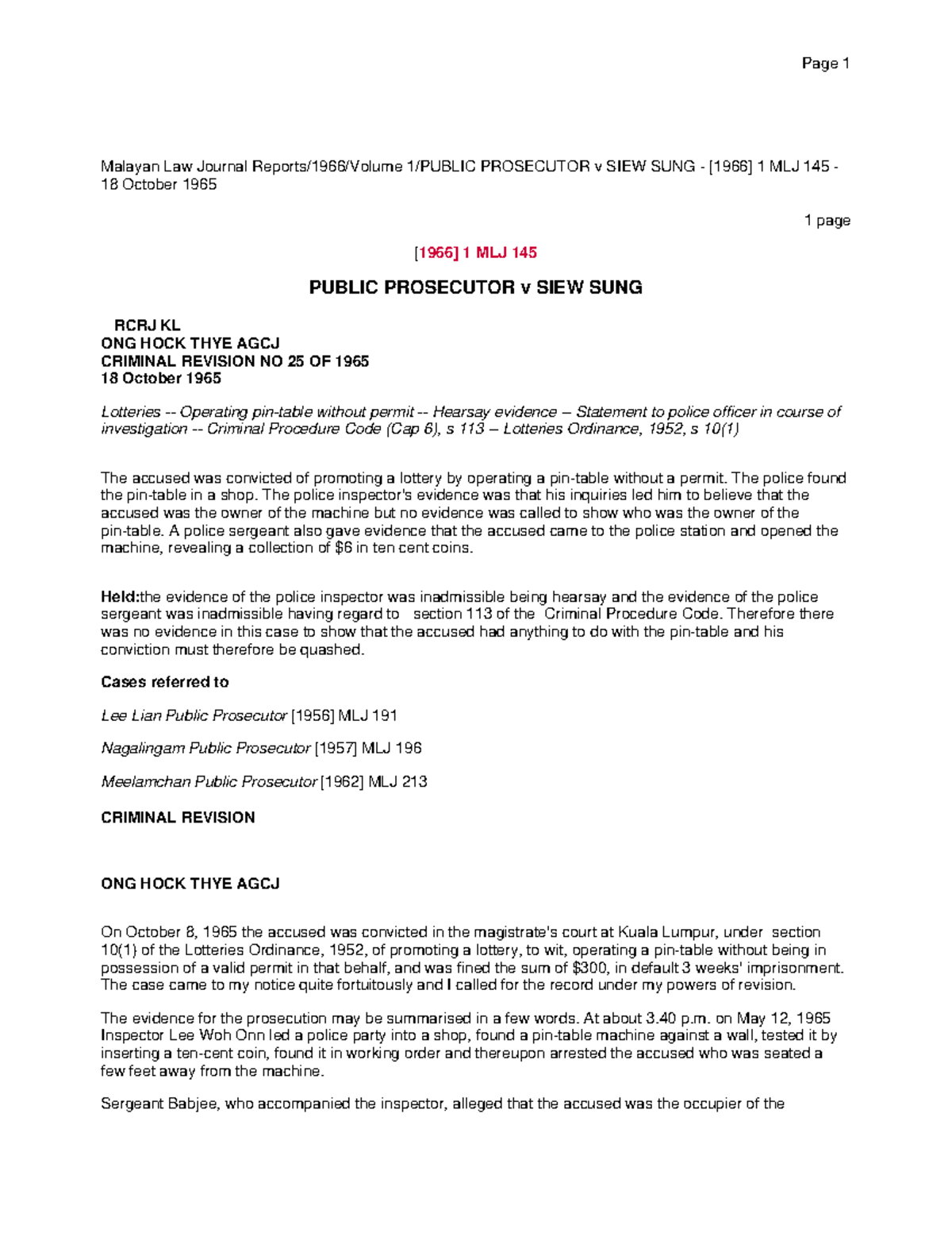 Public Prosecutor v SIEW SUNG - [1966] 1 MLJ - Malayan Law Journal ...