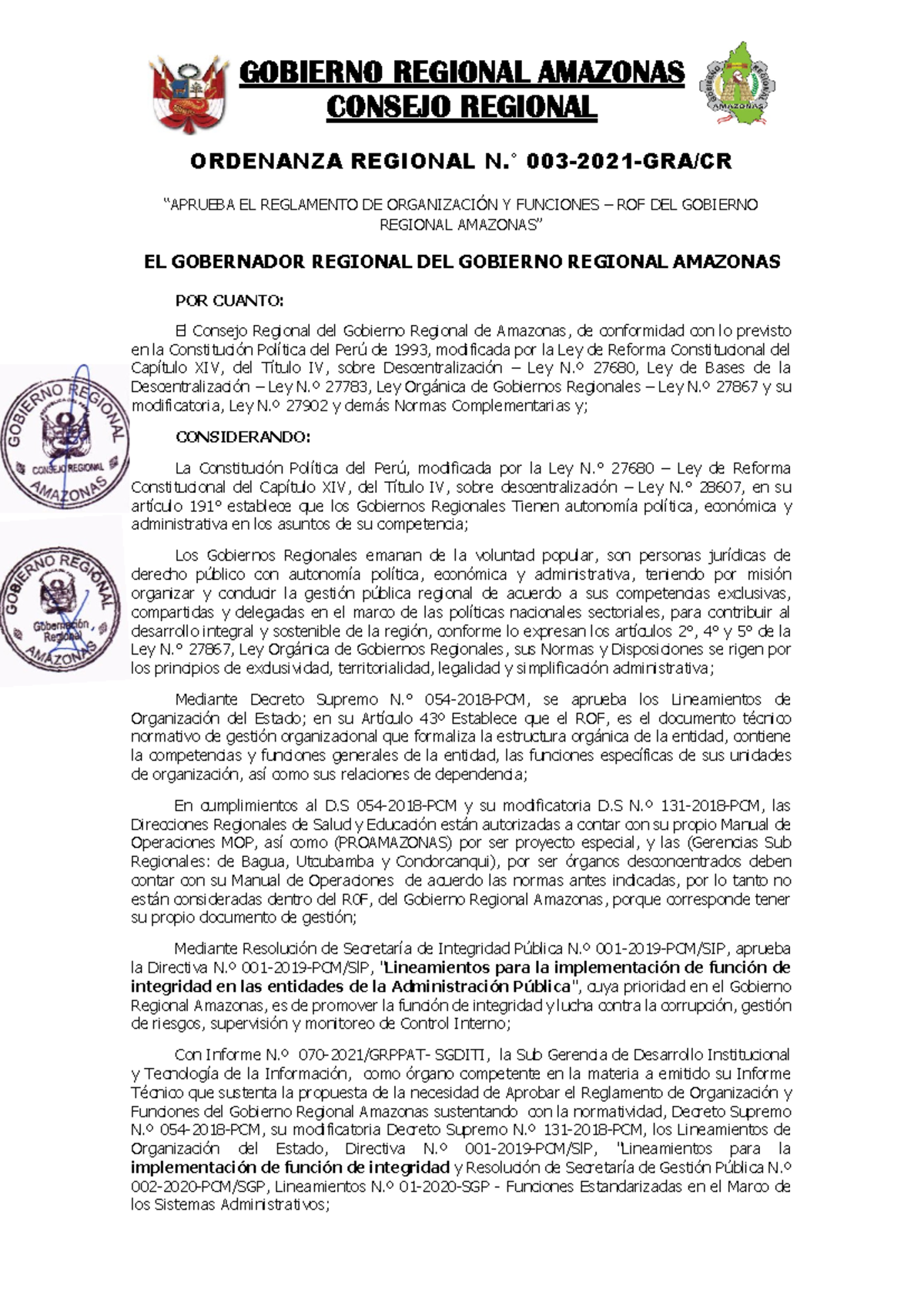 OR 003-2021 GRA-CR.pdf ROF Diresa - GOBIERNO REGIONAL AMAZONAS CONSEJO REGIONAL ORDENANZA ...