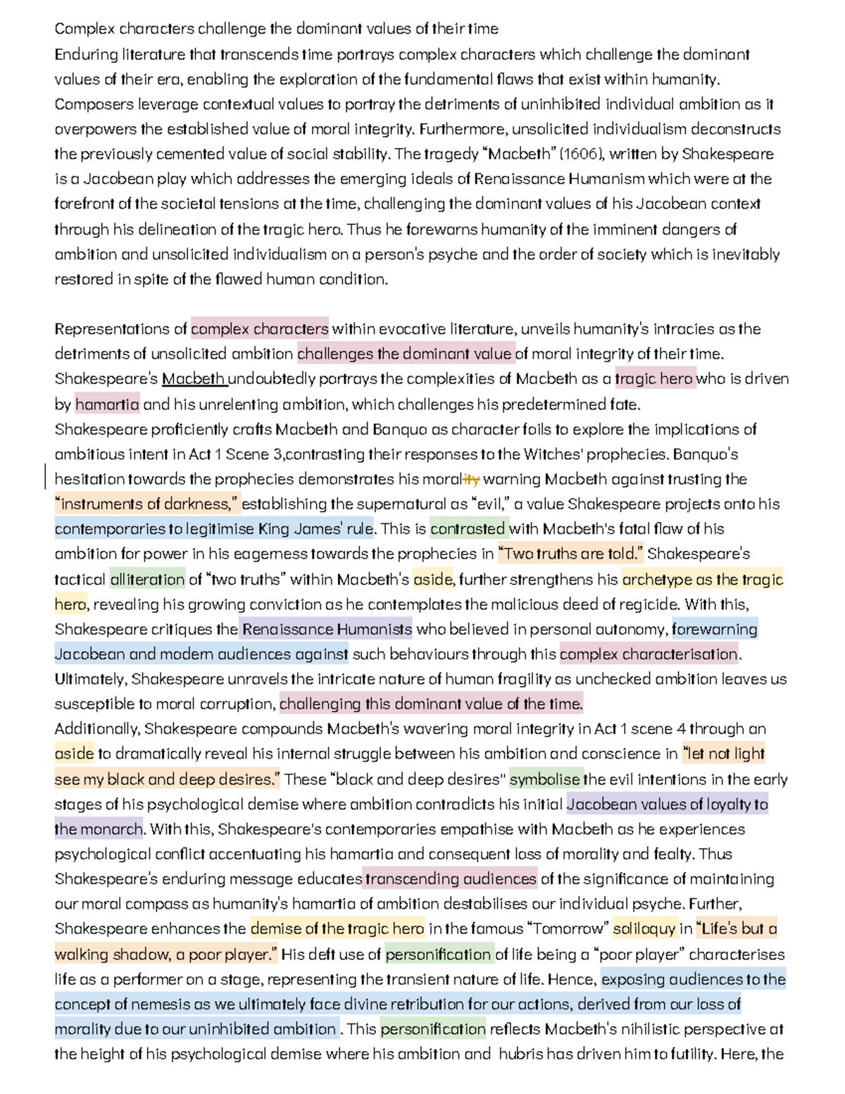 Macbeth essay year 10 - Complex characters challenge the dominant values of their time Enduring ...