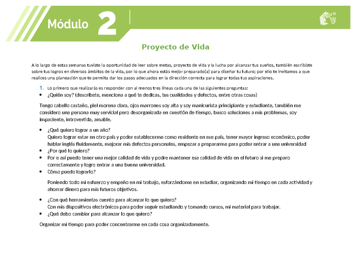 Módulo 2. Proyecto integrador. - Proyecto Integrador Proyecto de Vida A ...