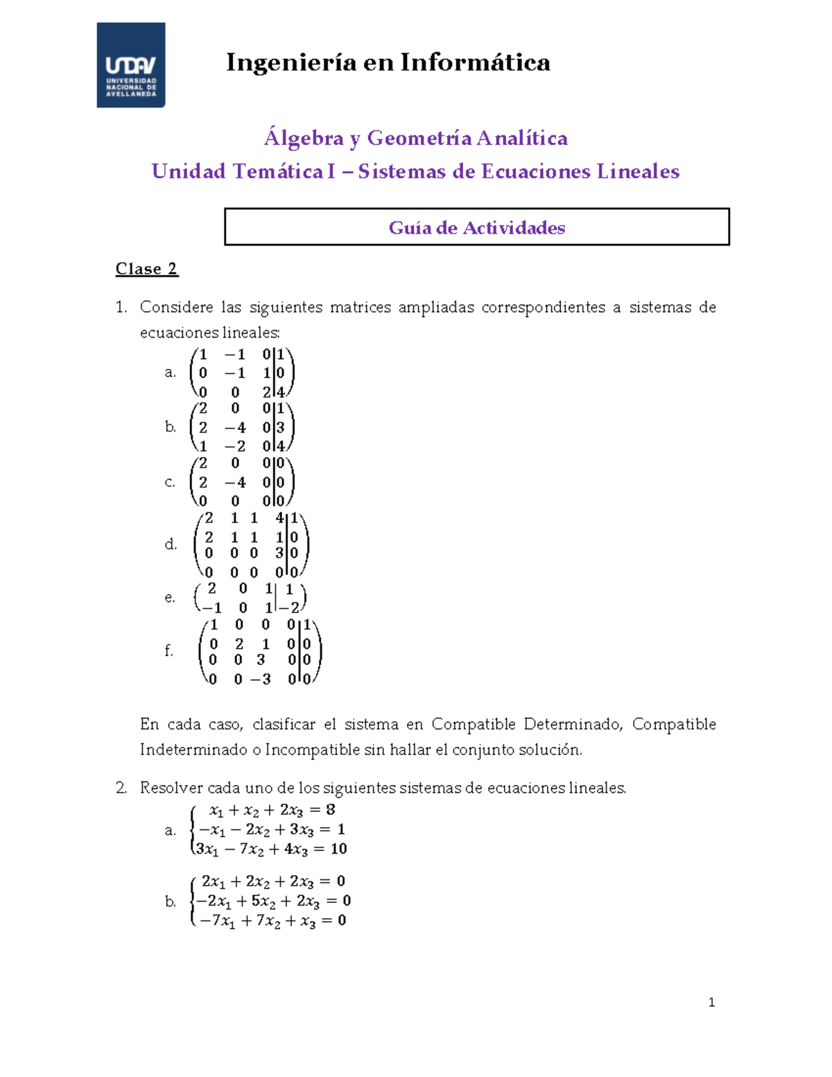Clase 2 - Guía de Actividades - IngenierÌa en Inform·tica 1 ¡lgebra y GeometrÌa AnalÌtica Unidad ...