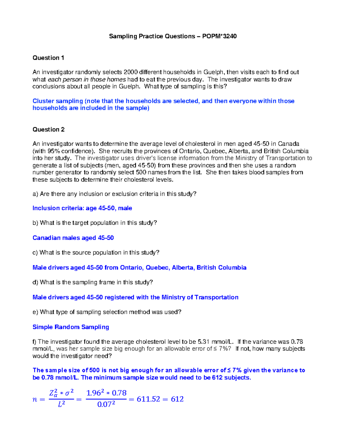 Sampling Practice Questions Answers - Sampling Practice Questions ...