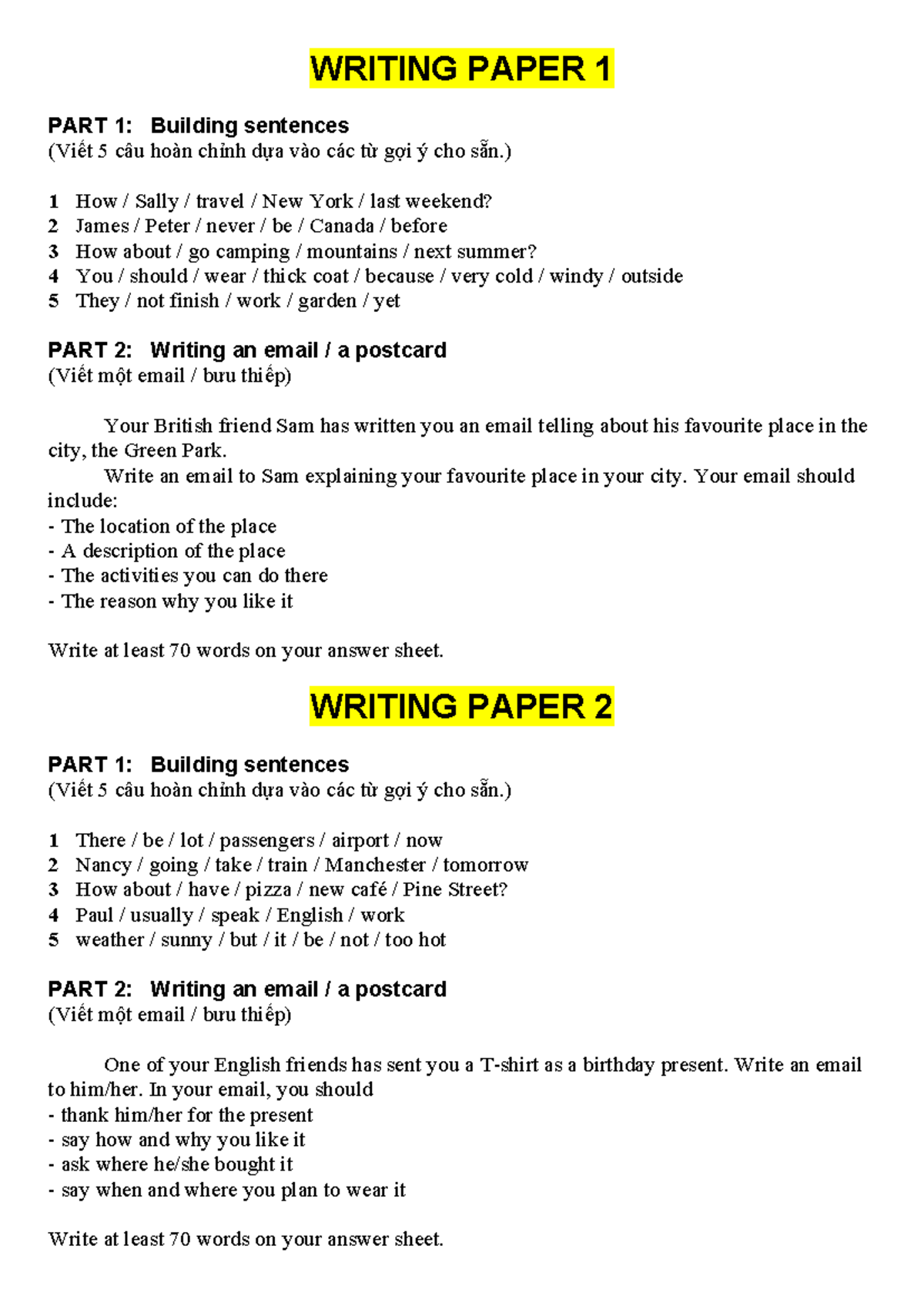 Sample Writing EXAM Papers - WRITING PAPER 1 PART 1: Building sentences ...